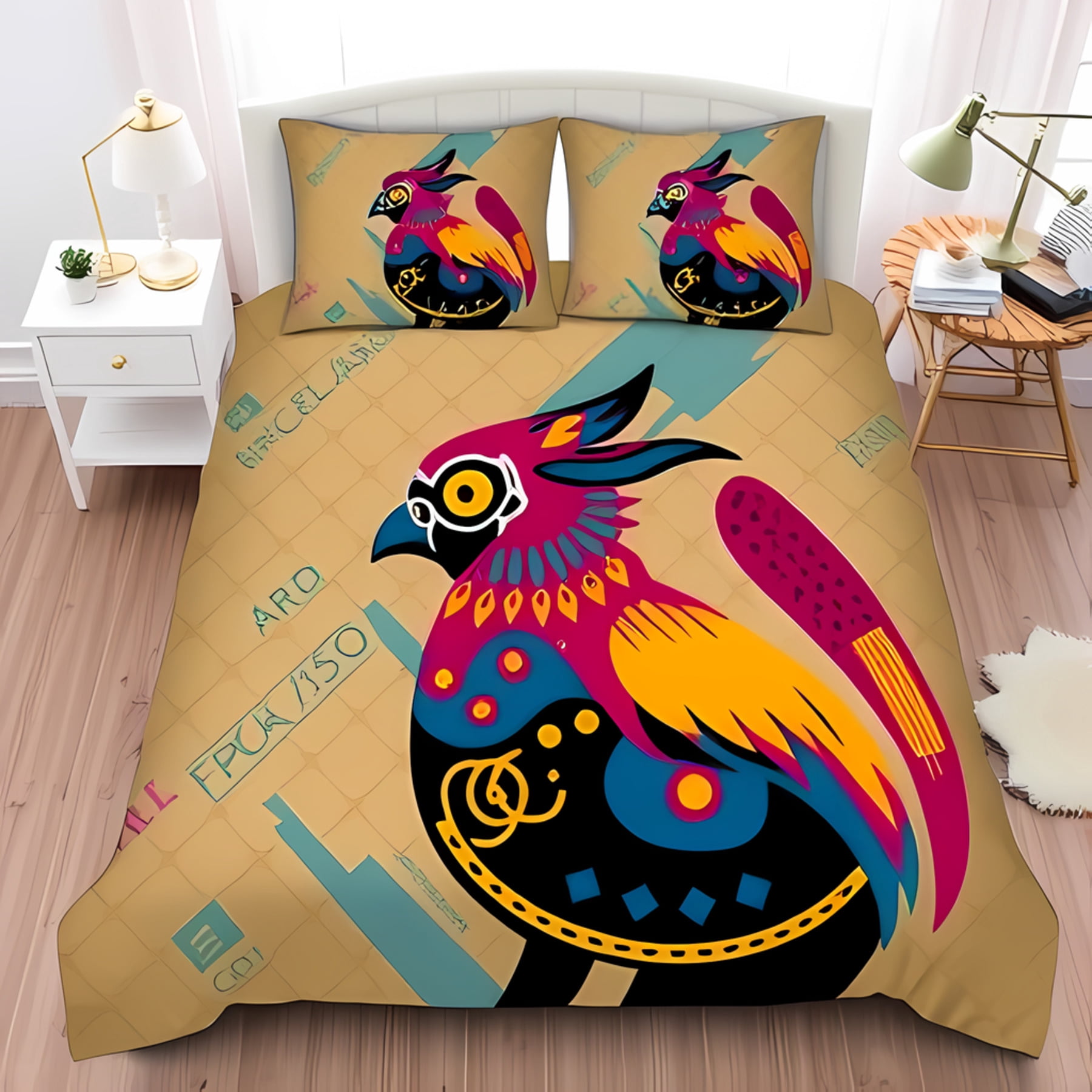 Vibrant 3-Piece Duvet Cover Set with Stylized Bird Design in Fuchsia ...
