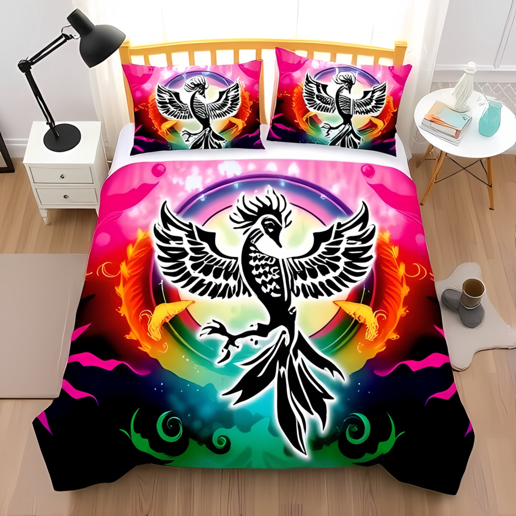Vibrant 3-Piece Duvet Cover Set with Stylized Black Phoenix on Swirling ...