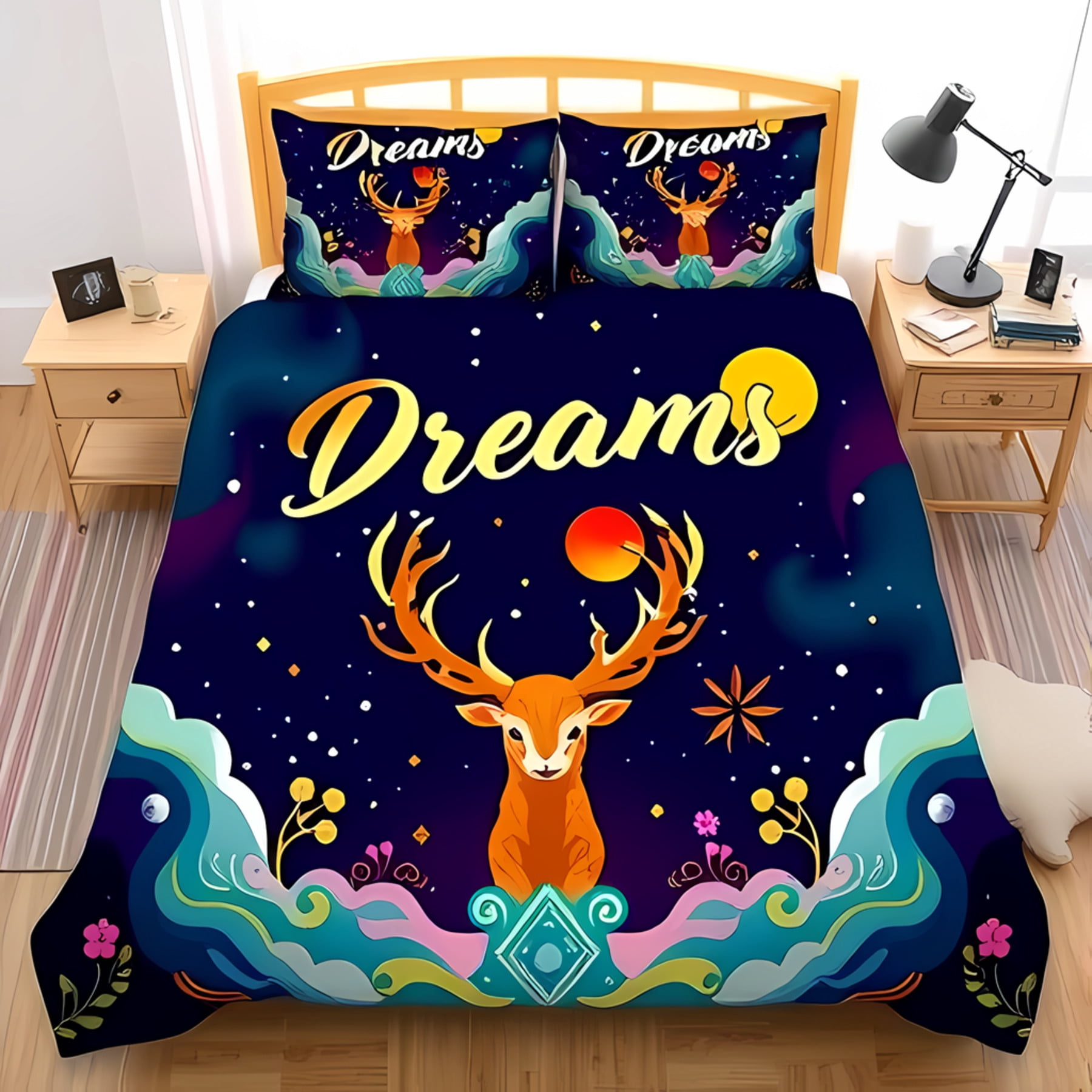 Vibrant 3-Piece Duvet Cover Set with Stylized Deer & Night Sky Design ...