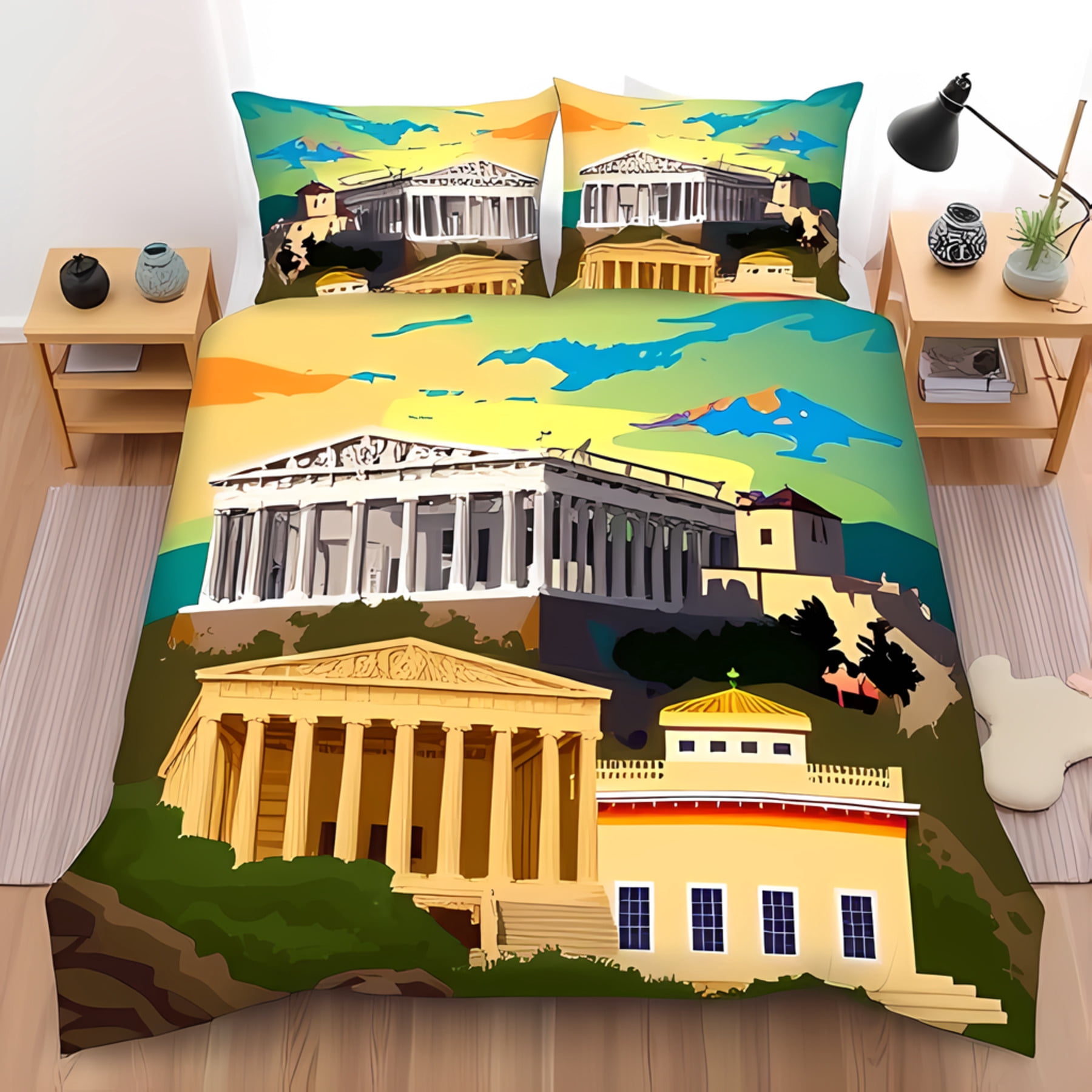 Vibrant 3-Piece Duvet Cover Set with Stylized Greek Architecture Design ...