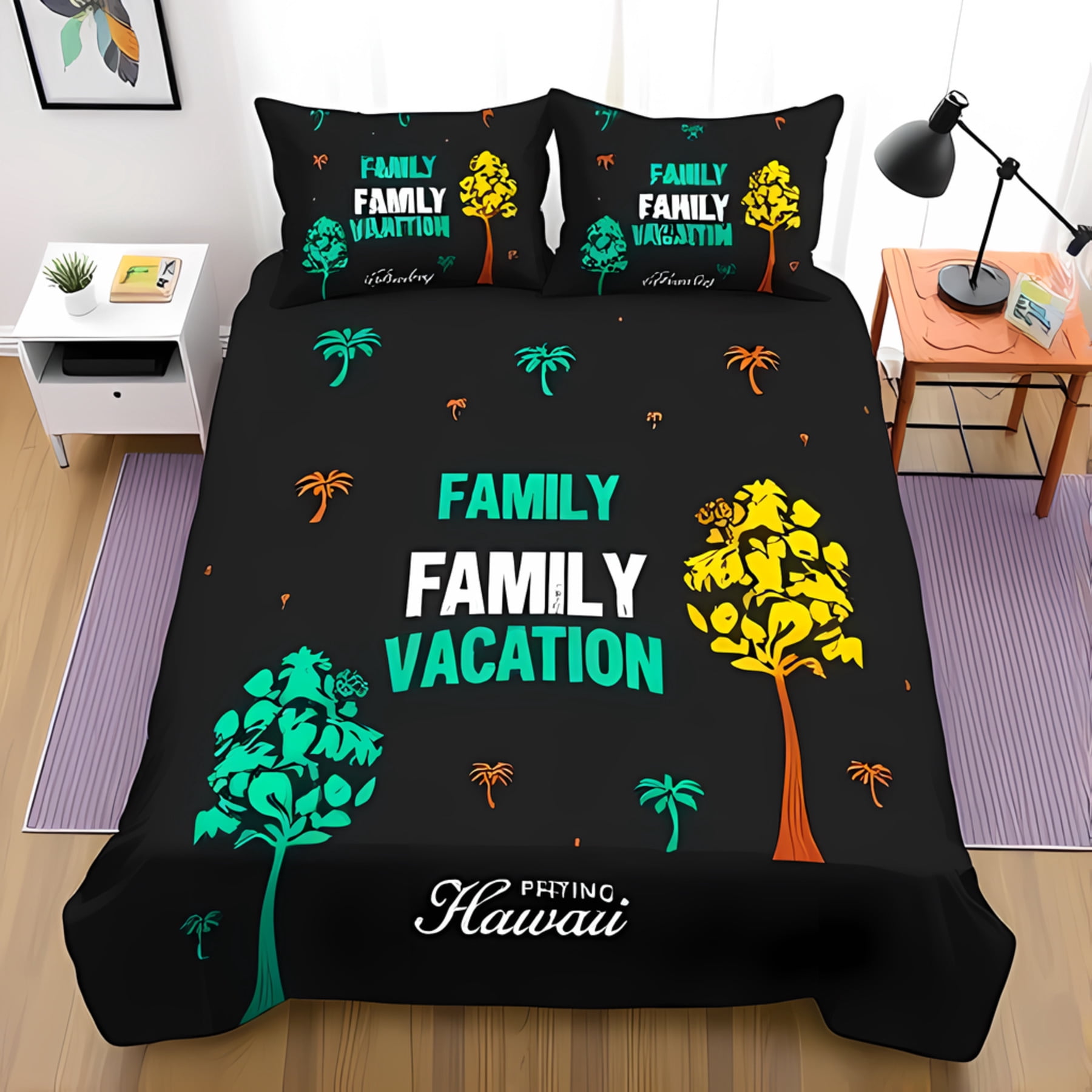 Vibrant 3-Piece Duvet Cover Set with Tropical Trees & Bold 'FAMILY ...