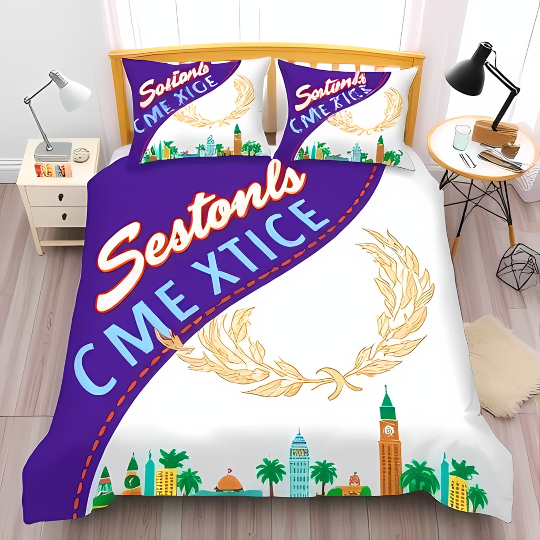Vibrant 3-Piece Duvet Cover Set with Vintage Packaging Design Purple ...