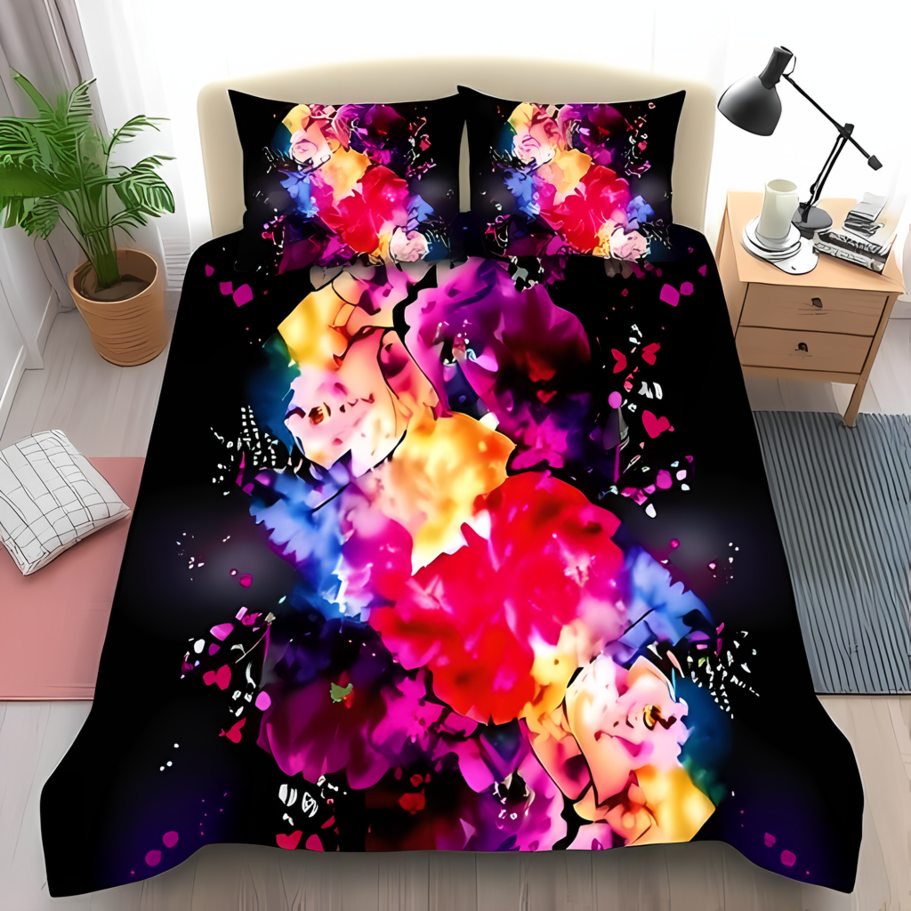 Vibrant 3-Piece Duvet Cover Set with Watercolor Floral Design on Black ...