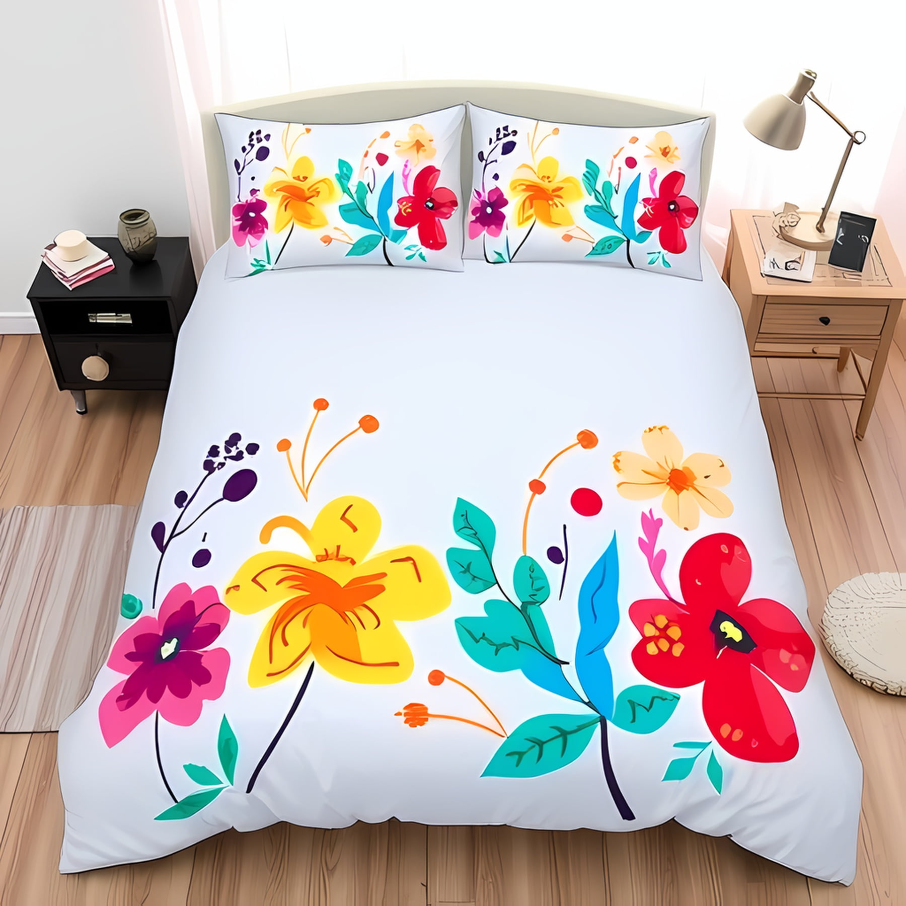 Vibrant 3-Piece Duvet Cover and Pillowcase Set - Cheerful Floral Design ...
