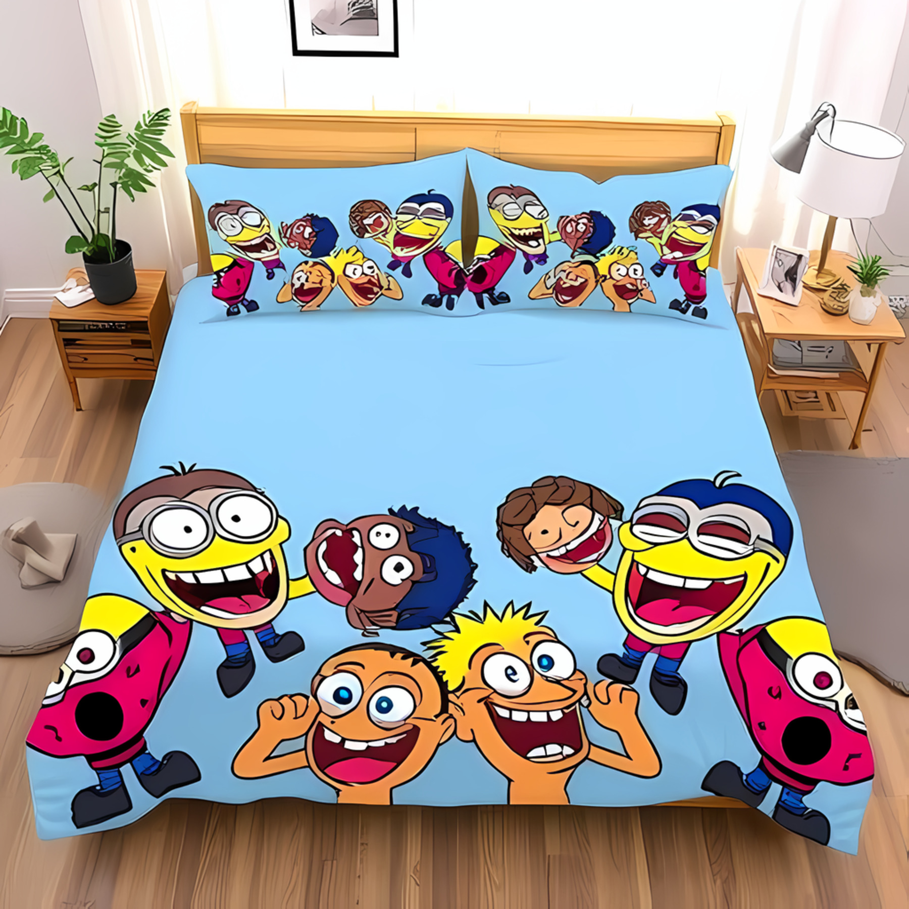 Vibrant 3-Piece Light Blue Duvet Cover Set with Playful Cartoon ...