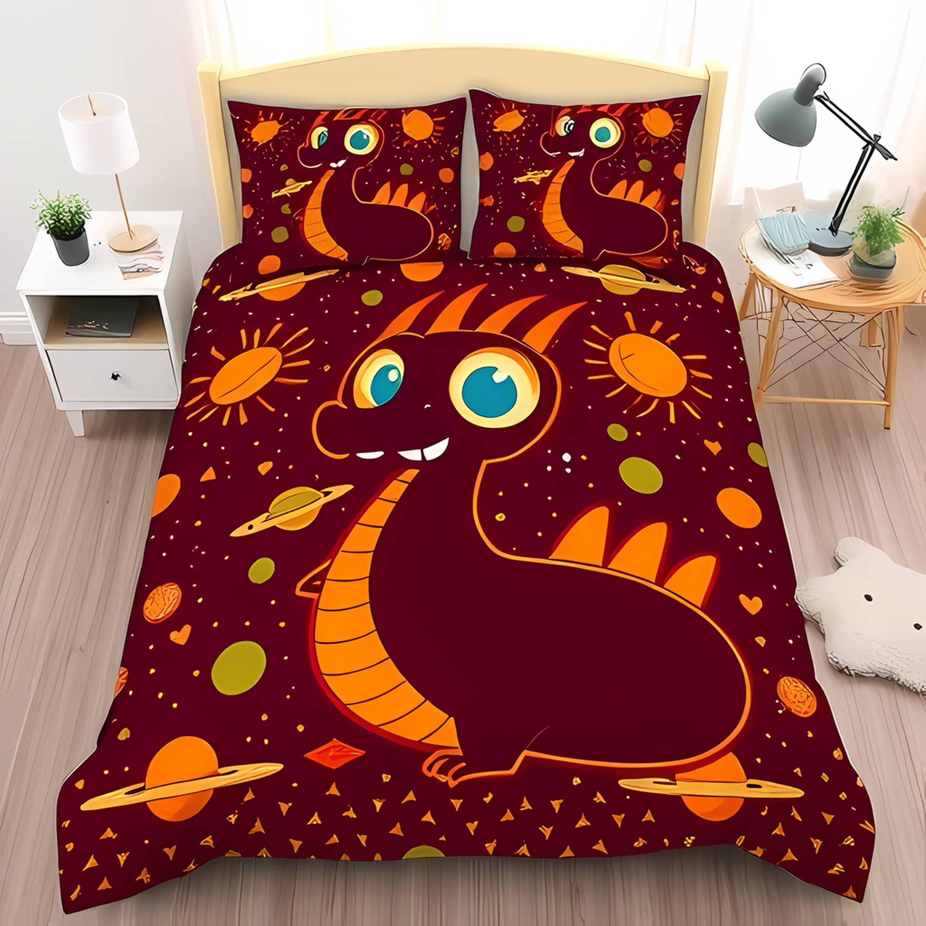 Vibrant 3-Piece Maroon Dragon Duvet Cover & Pillowcase Set - Whimsical ...