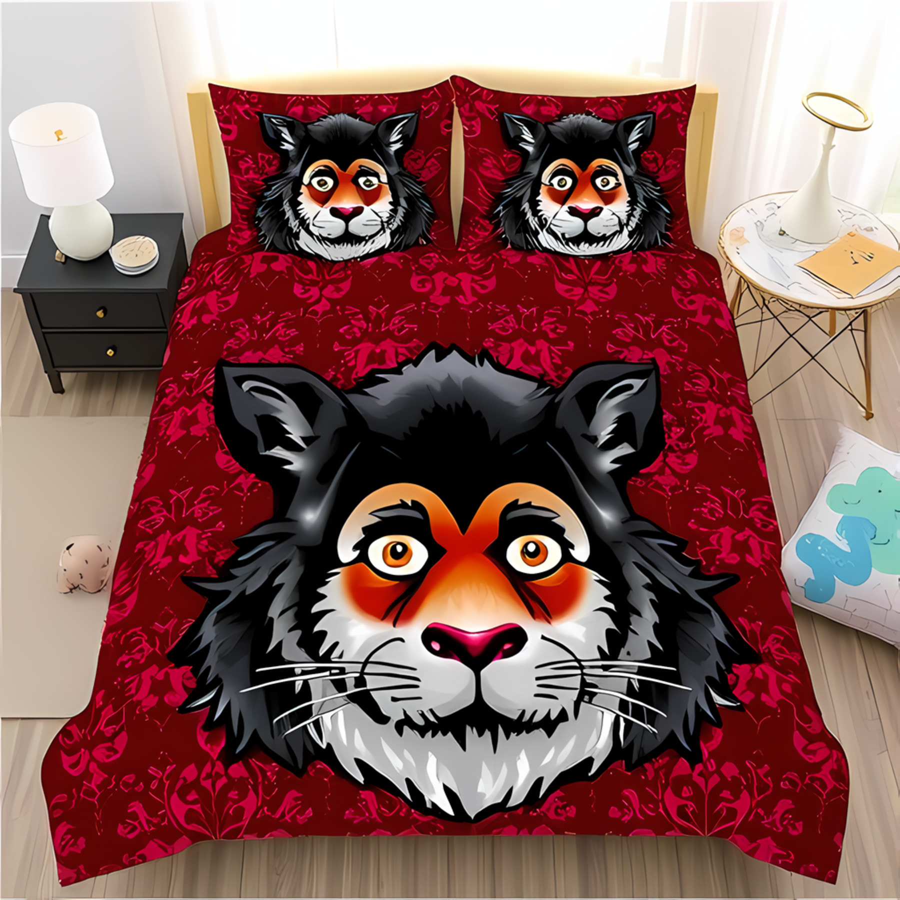 Vibrant 3-Piece Maroon Duvet Cover Set with Bold Animal Faces & Floral ...