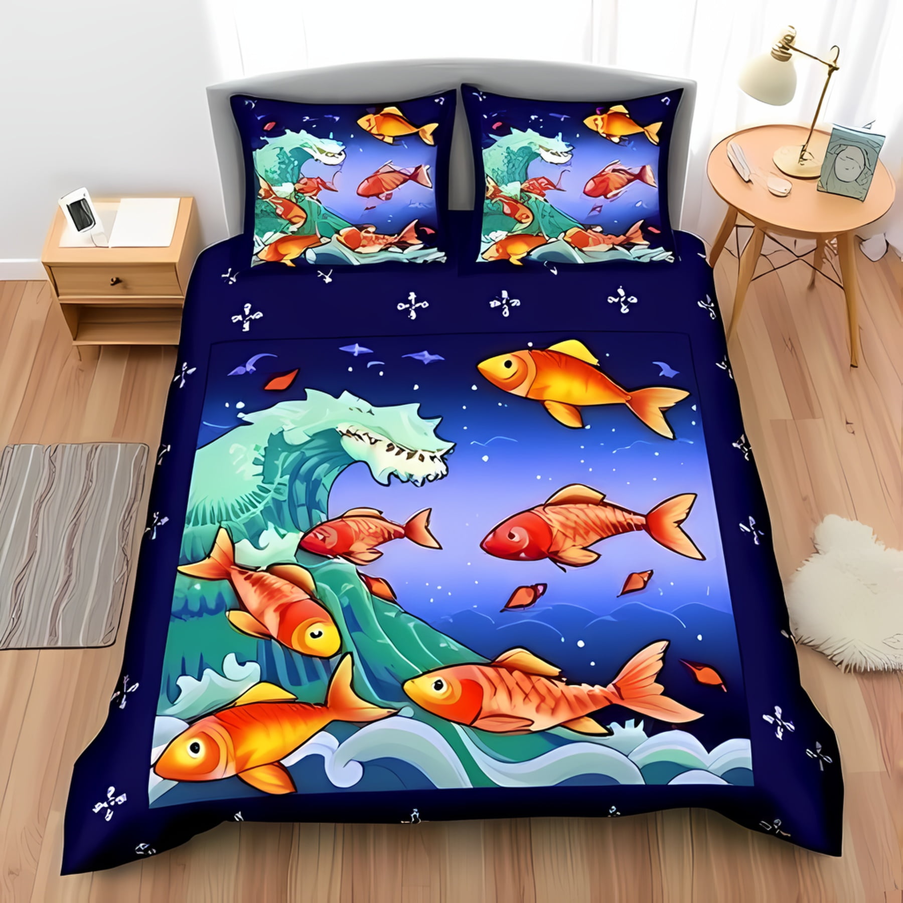 Vibrant 3-Piece Navy Blue Fish Duvet Cover & Pillowcase Set ...