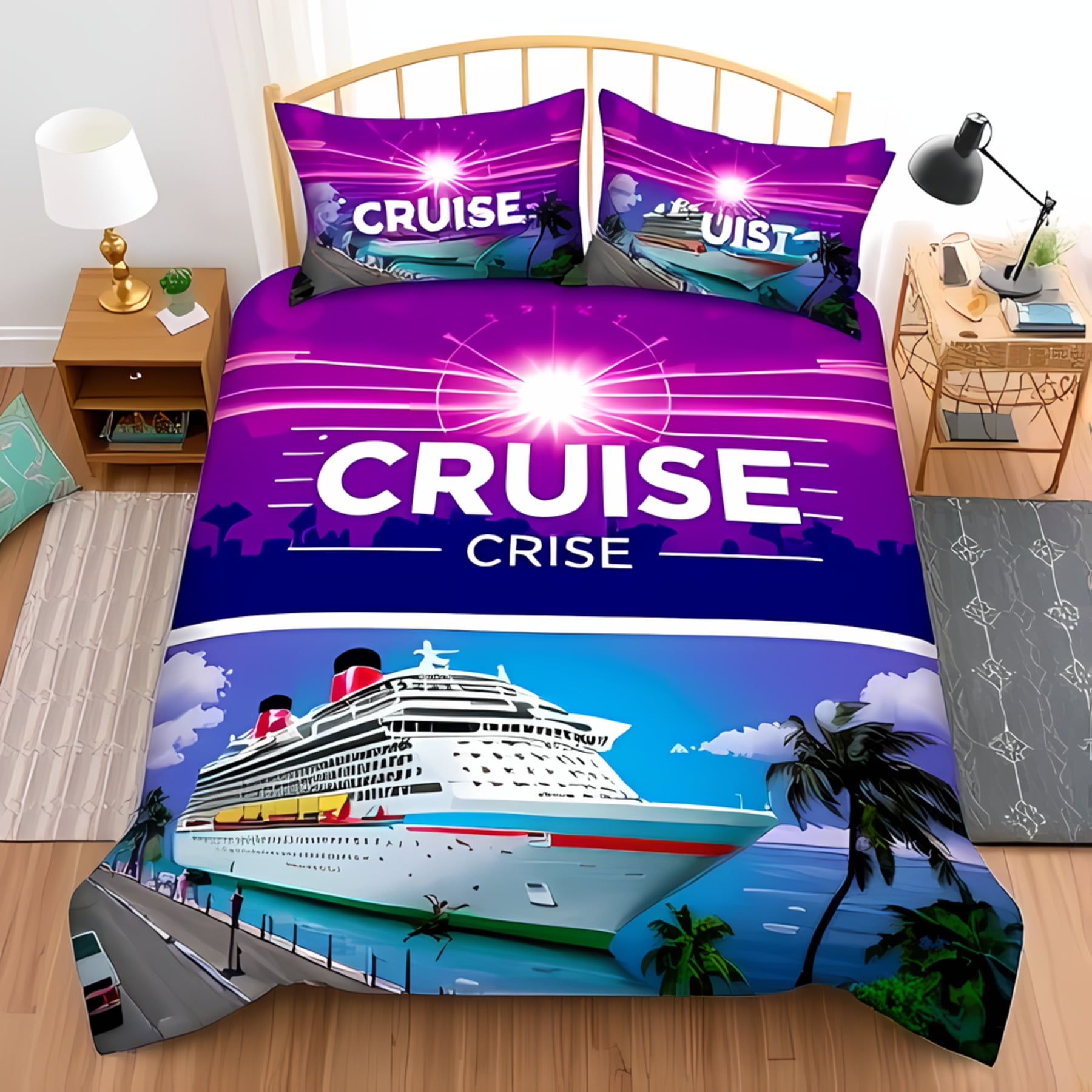 Vibrant 3-Piece Purple & Blue Duvet Cover Set with Cruise Ship Design ...