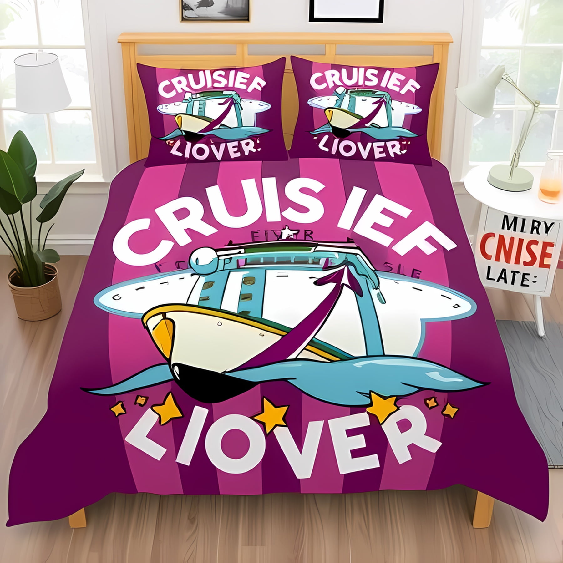 Vibrant 3-Piece Purple Duvet Cover & Pillowcase Set - Whimsical Cruise ...