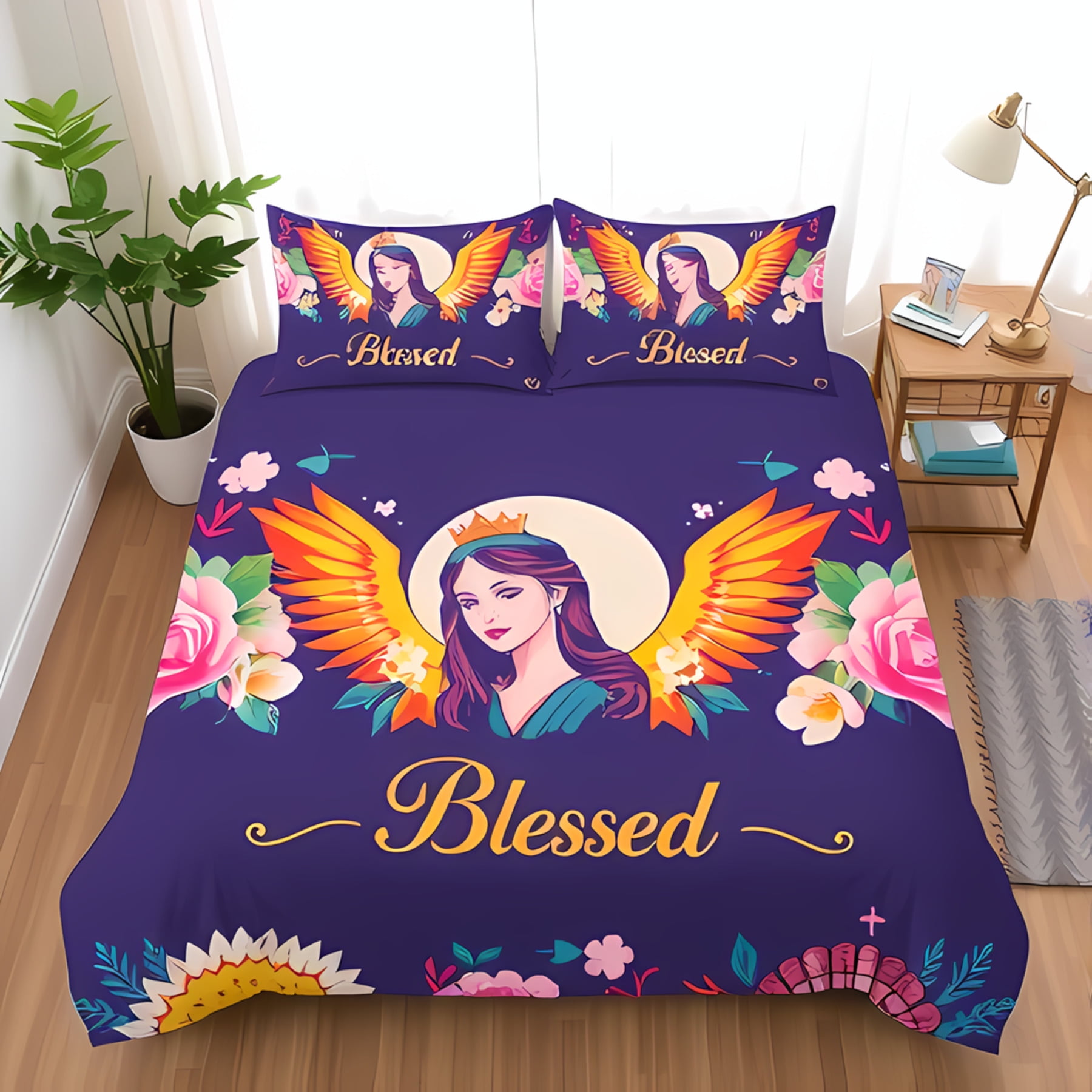 Vibrant 3-Piece Purple Duvet Cover Set with Crowned Angel Floral Design ...