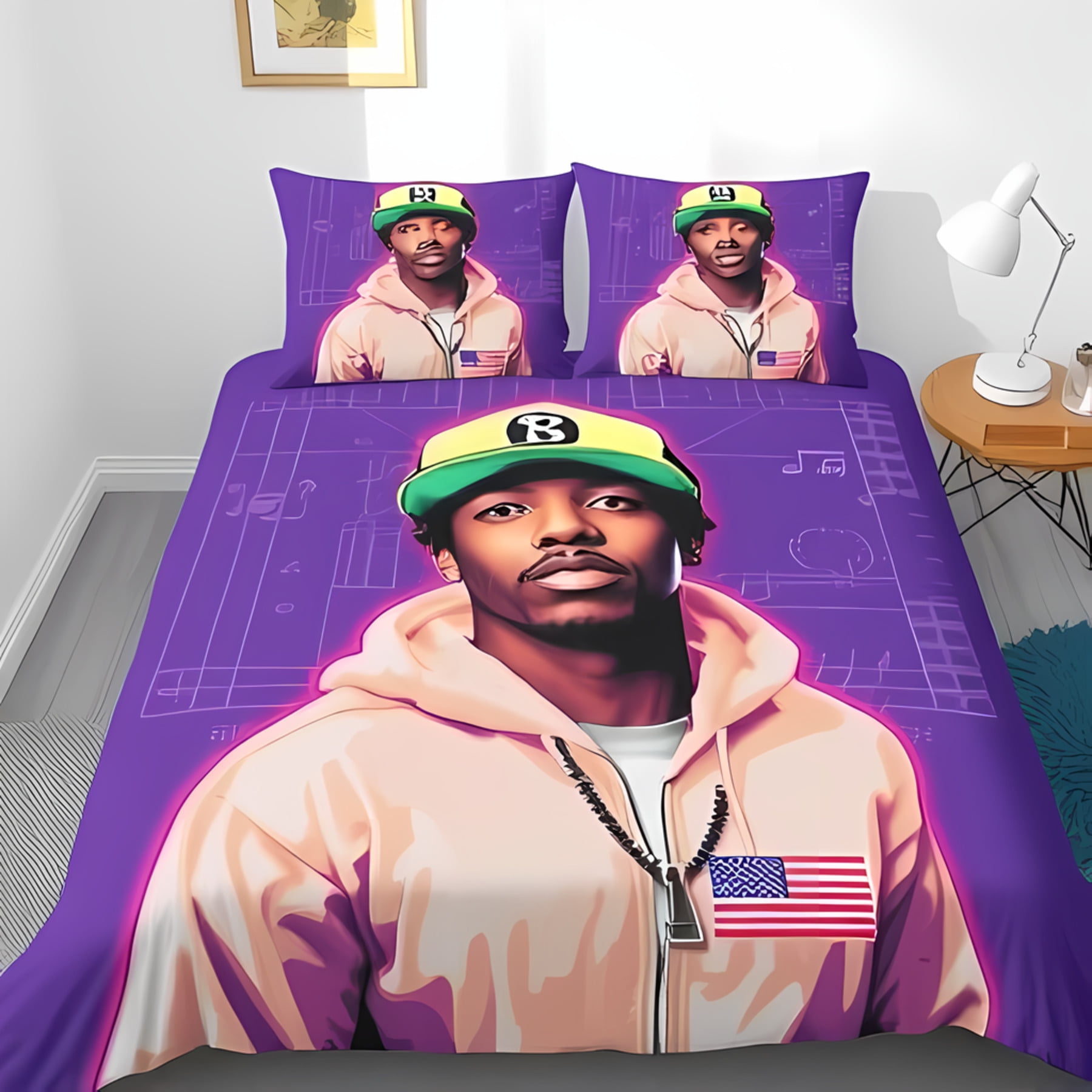 Vibrant 3-Piece Purple Duvet Cover Set with Young Rapper Portrait ...