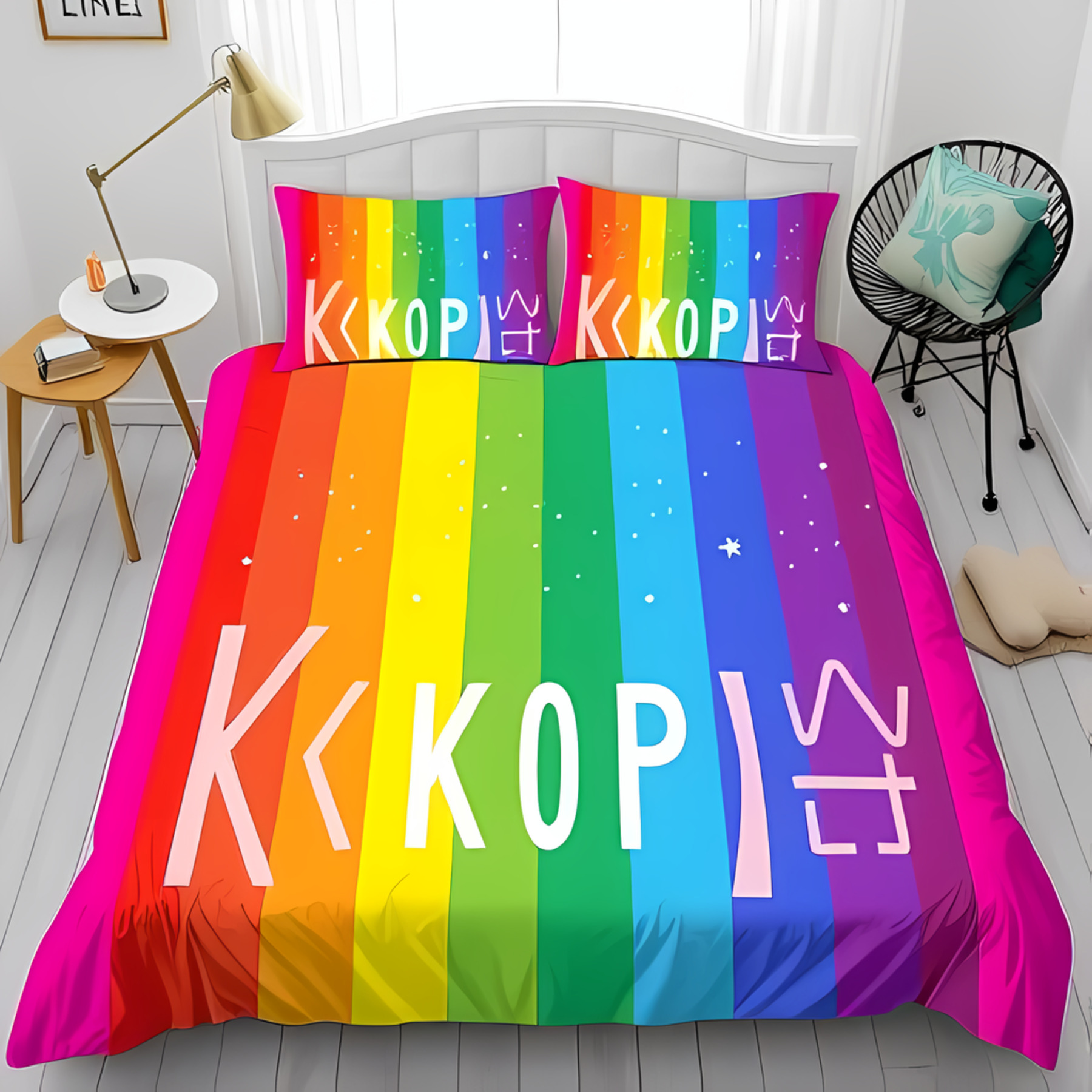Vibrant 3-Piece Rainbow Striped Duvet Cover Set with "KKOPI" Typography ...