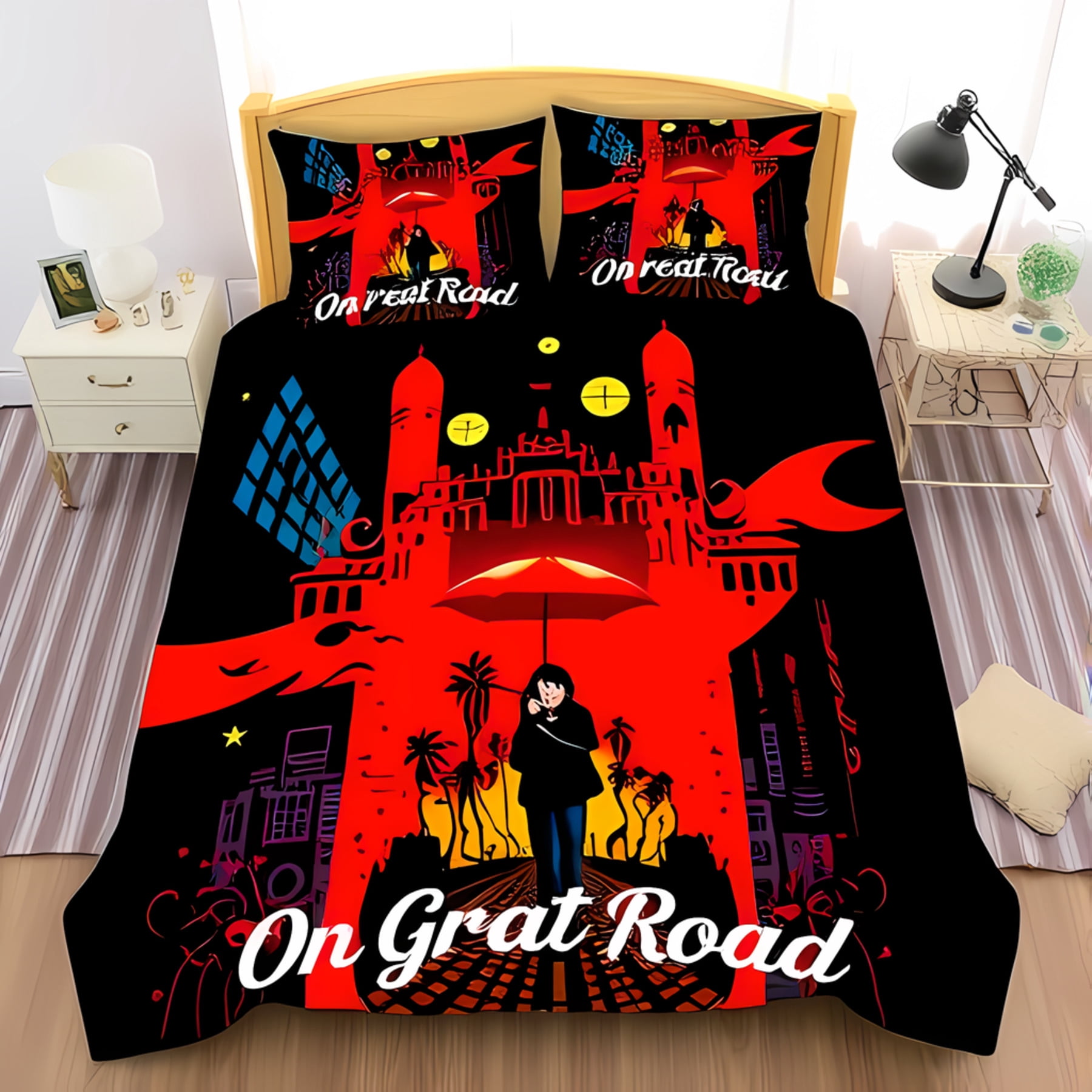 Vibrant 3-Piece Red & Black Duvet Cover Set with Castle Design - On ...