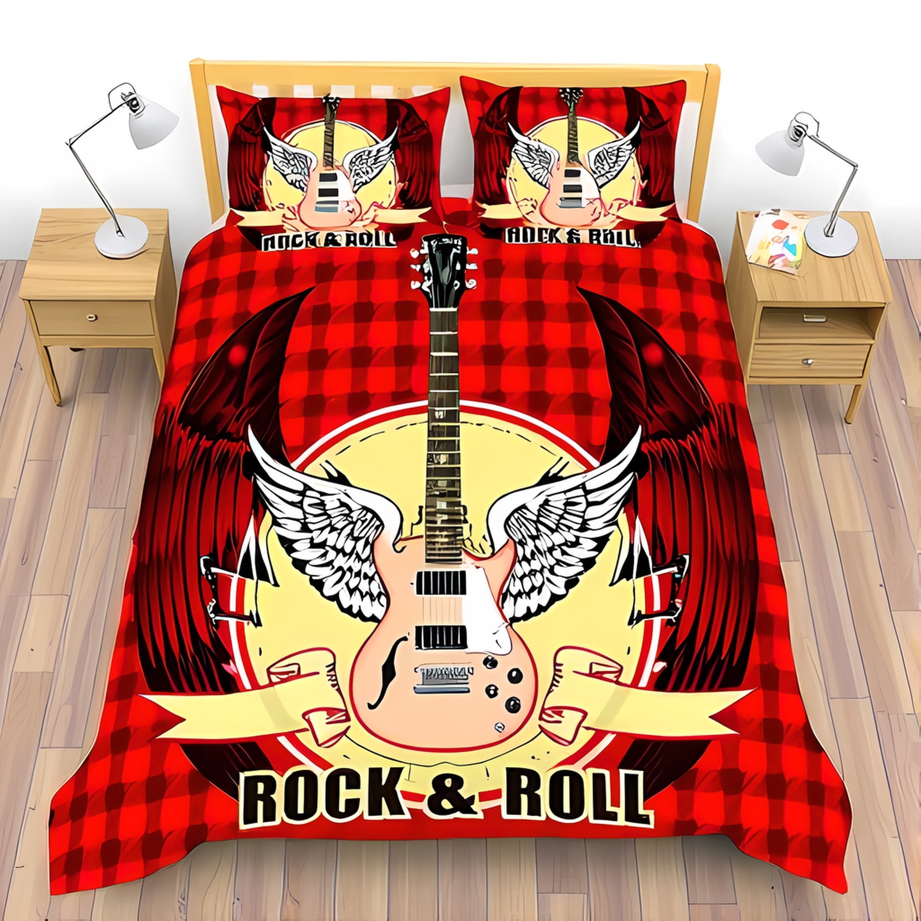Vibrant 3-Piece Red & Black Rock & Roll Duvet Cover Set with Electric ...