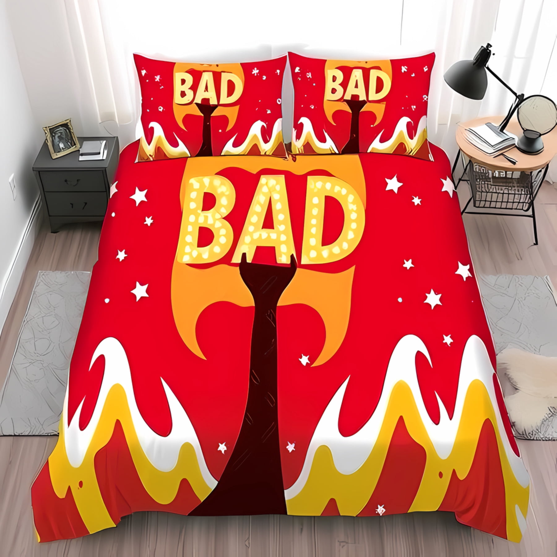Vibrant 3-Piece Red Duvet Cover Set with Bold Flames & Retro 'BAD ...