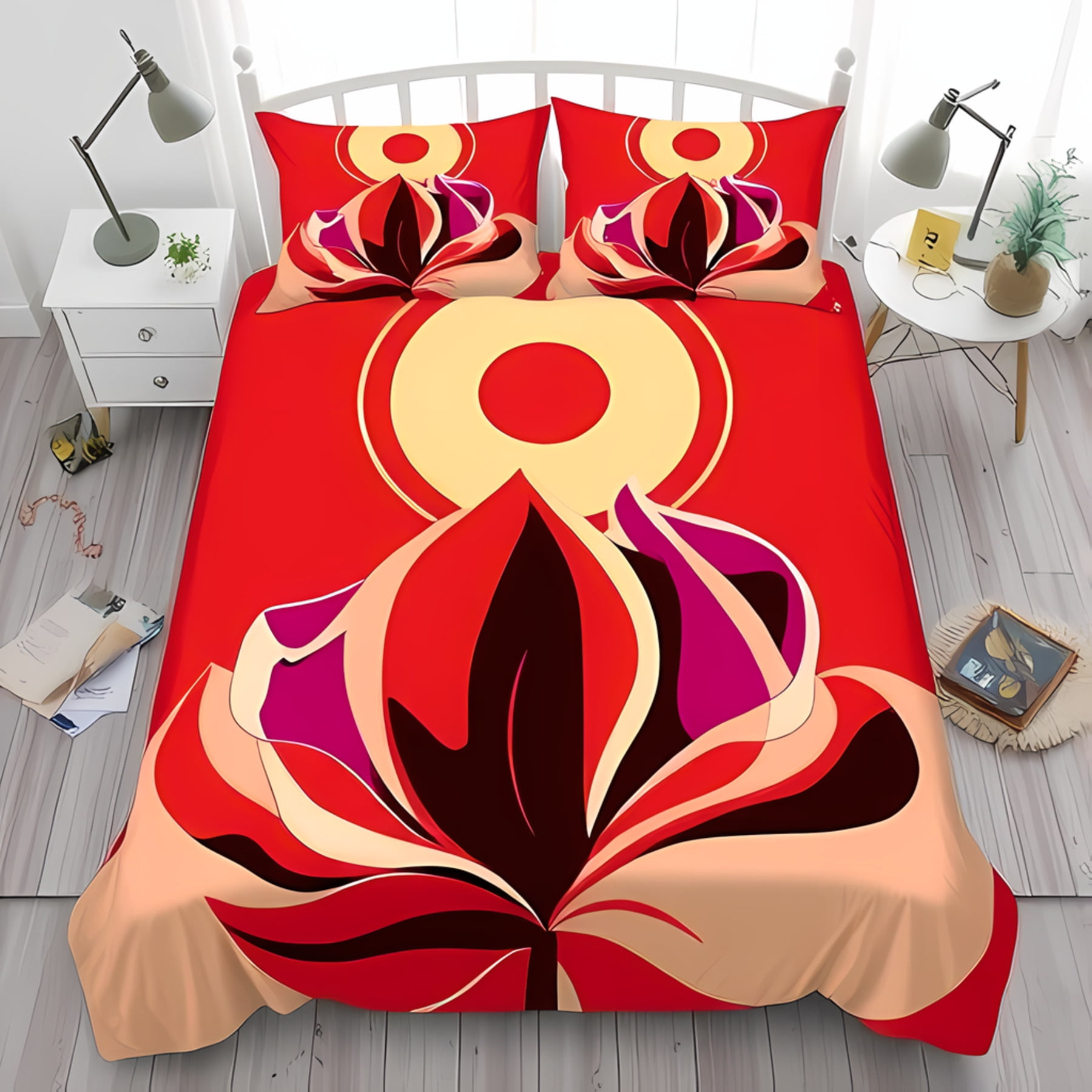 Vibrant 3-Piece Red Floral Duvet Cover Set with Bold Geometric Design ...