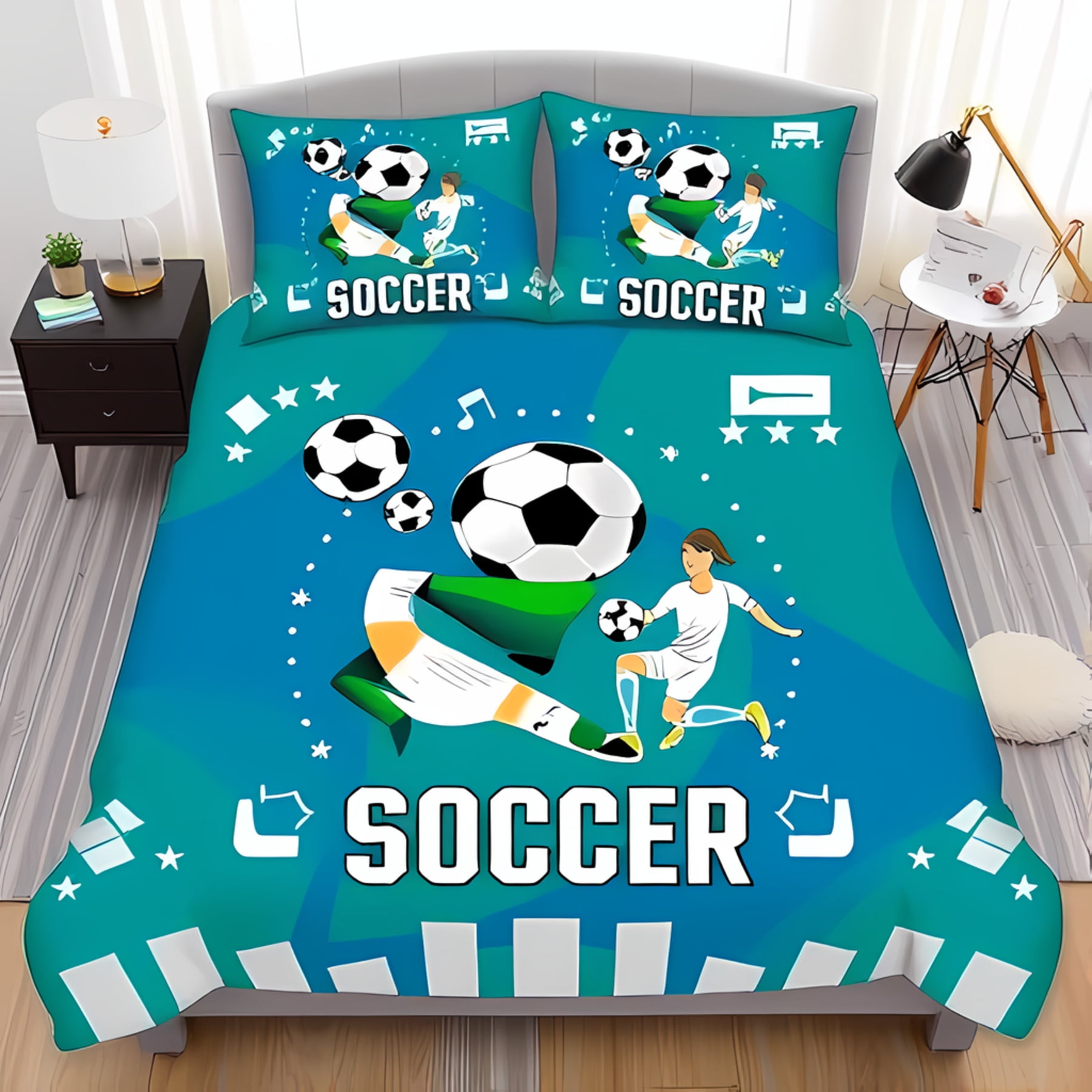Vibrant 3-Piece Soccer Duvet Cover Set - Blue-Green Background with ...