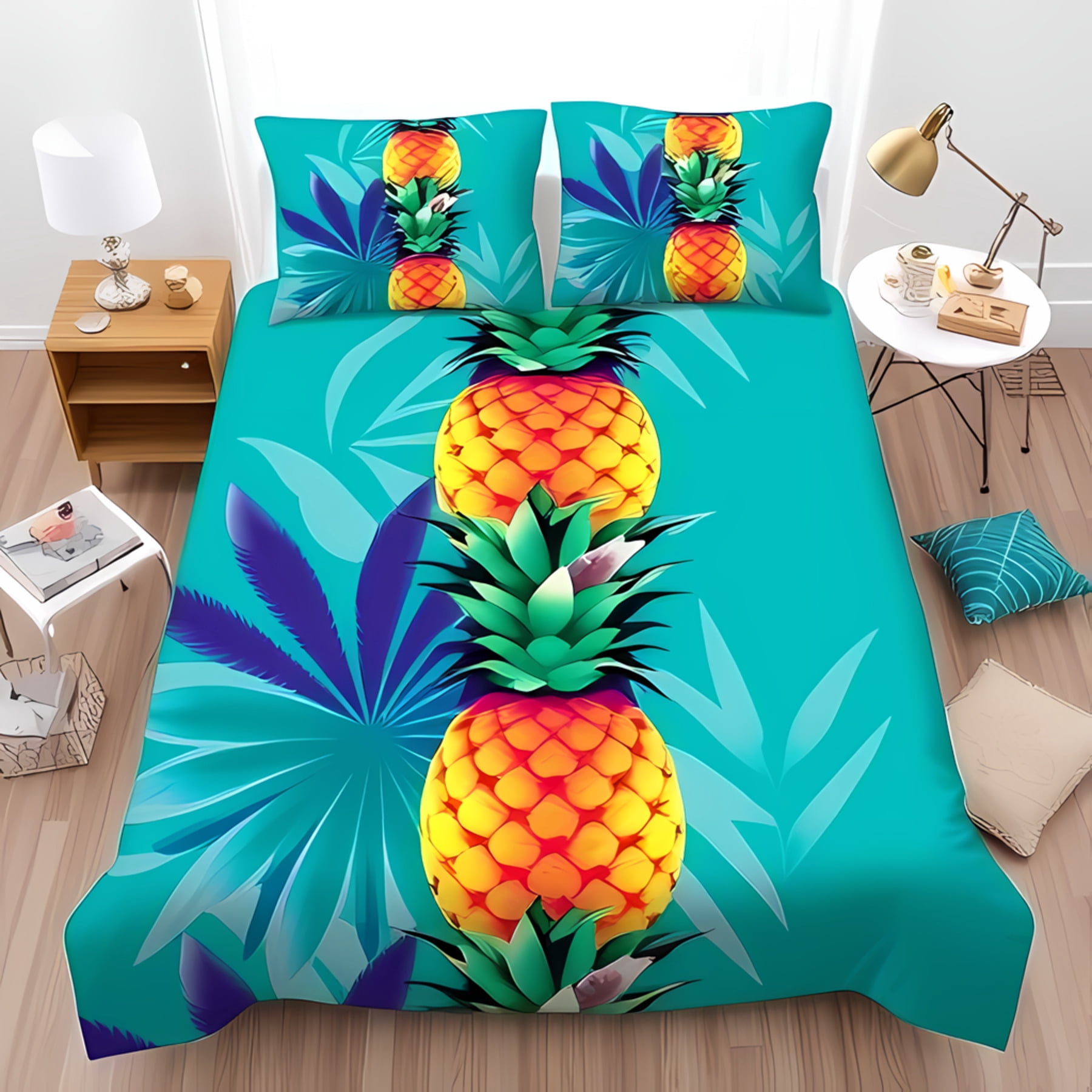 Vibrant 3-Piece Teal Duvet Cover Set with Bold Pineapple & Leaf Design ...