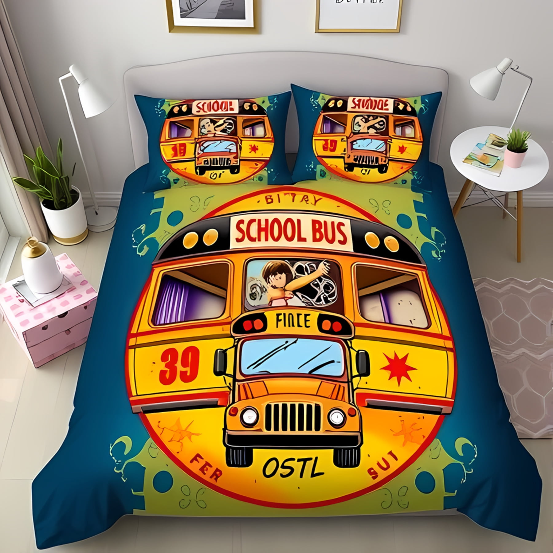 Vibrant 3-Piece Teal Duvet Cover Set with Whimsical Yellow School Bus Design for Bedroom ...