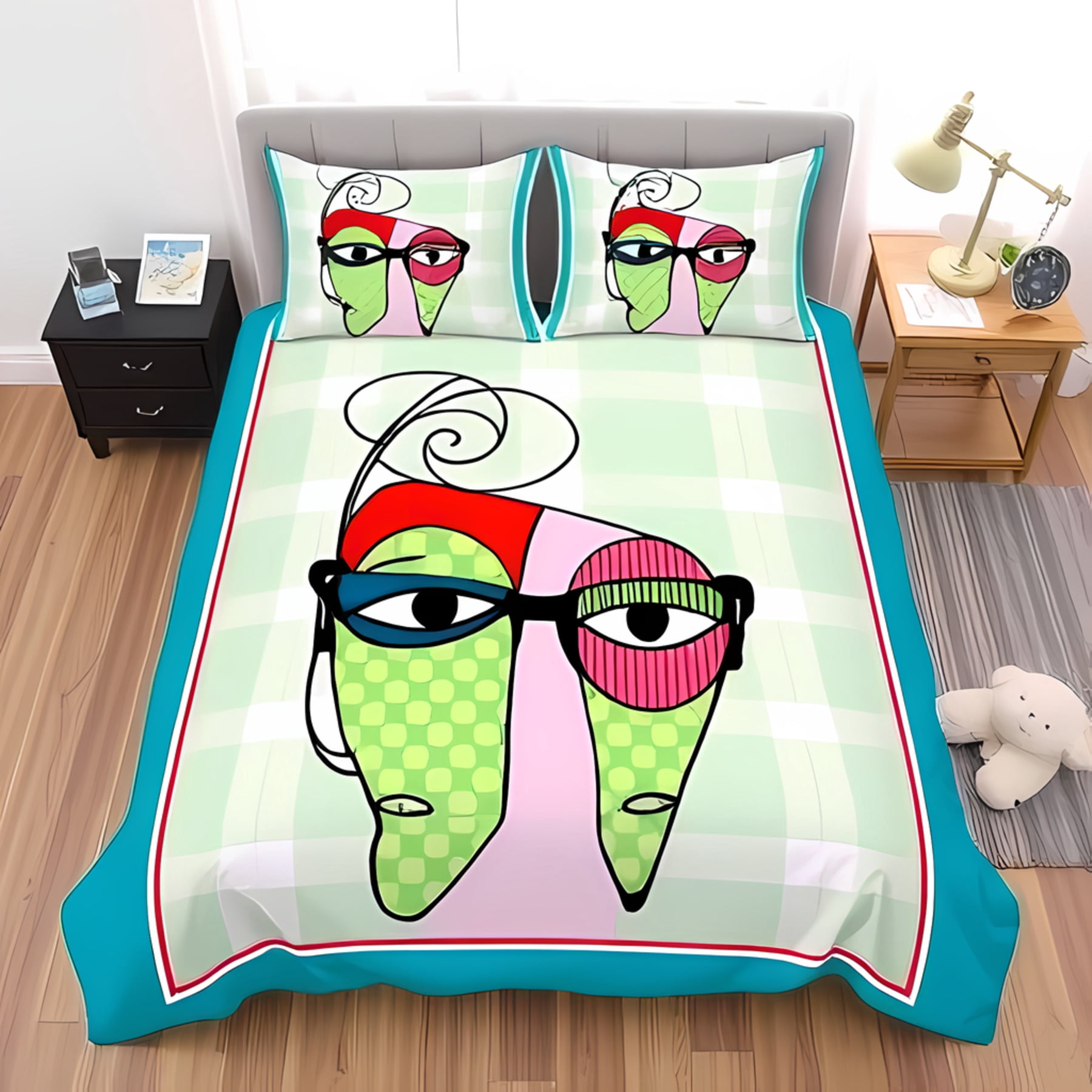Vibrant 3-Piece Teal & Green Duvet Cover Set with Whimsical Cubist Face ...