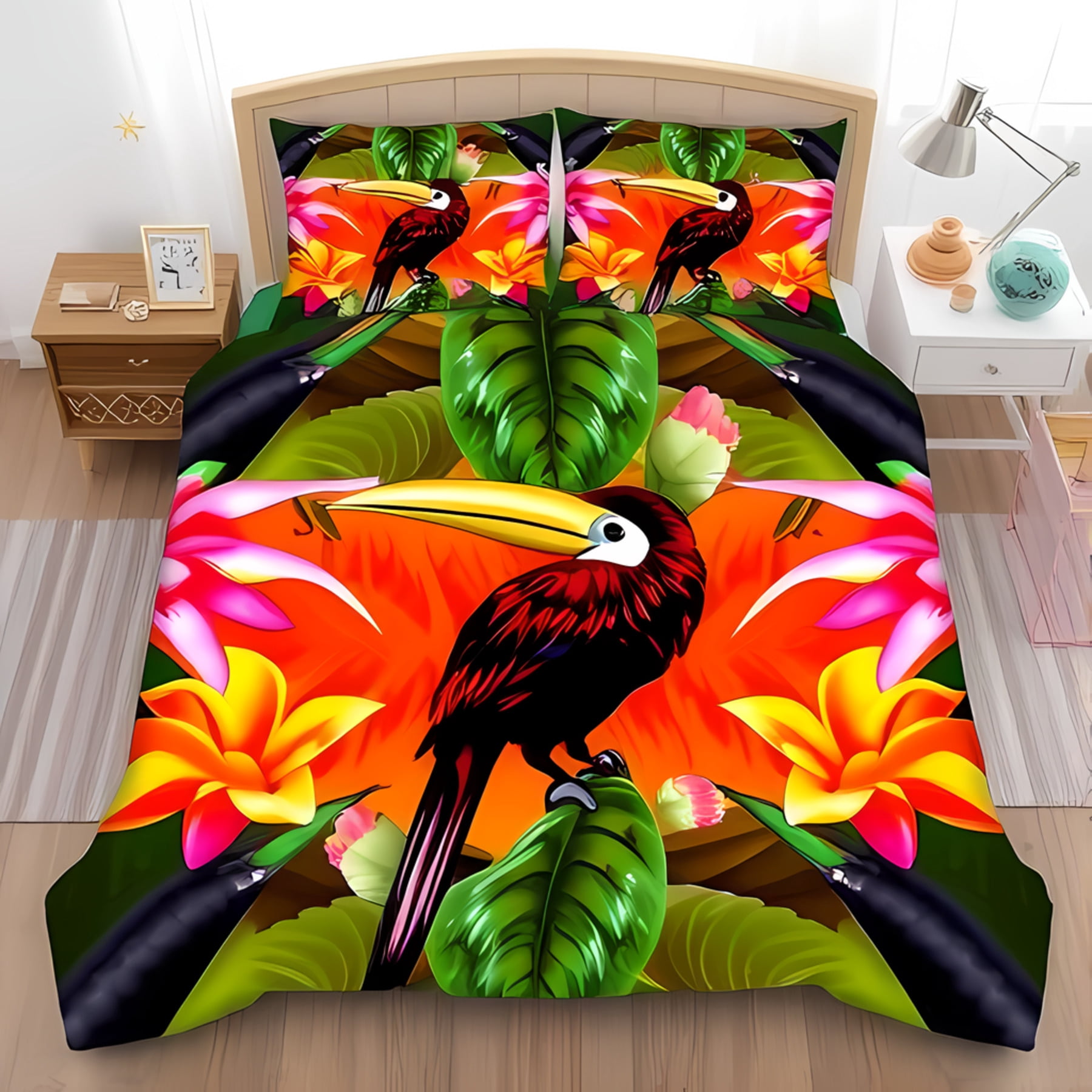 Vibrant 3-Piece Tropical Duvet Cover Set with Stunning & Exotic Floral ...