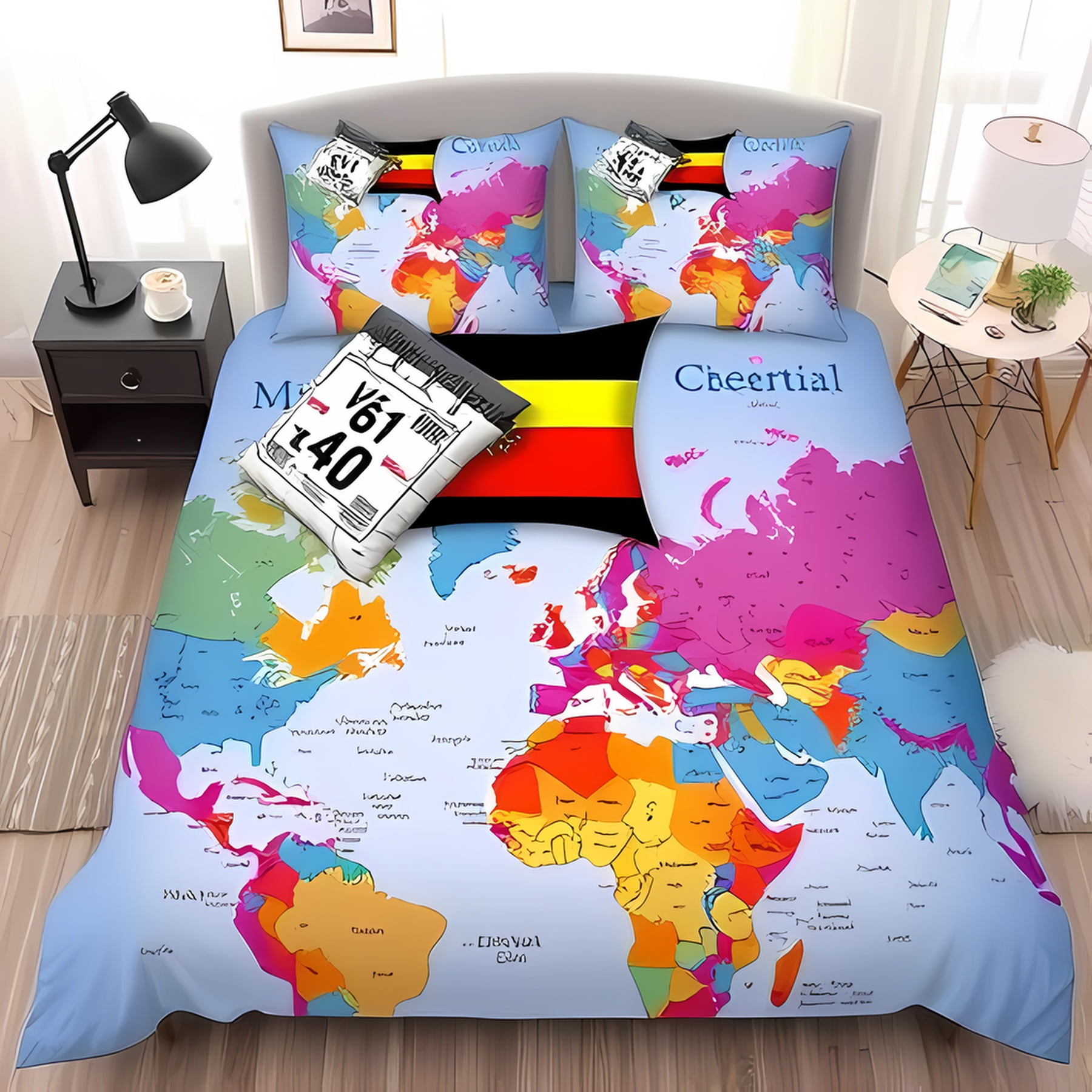 Vibrant 3-Piece World Map Duvet Cover & Pillowcase Set - Colorful ...