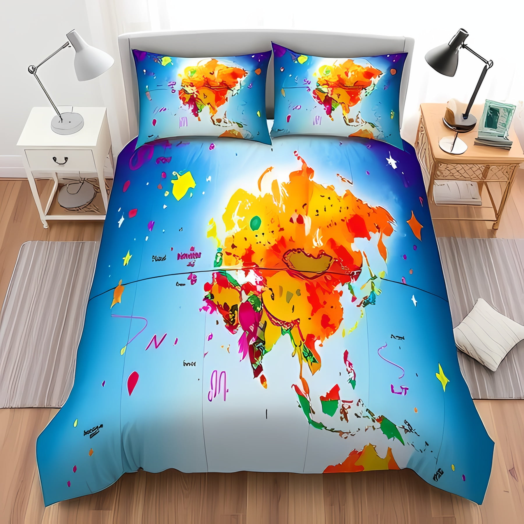Vibrant 3-Piece World Map Duvet Cover & Pillowcase Set - Colorful ...