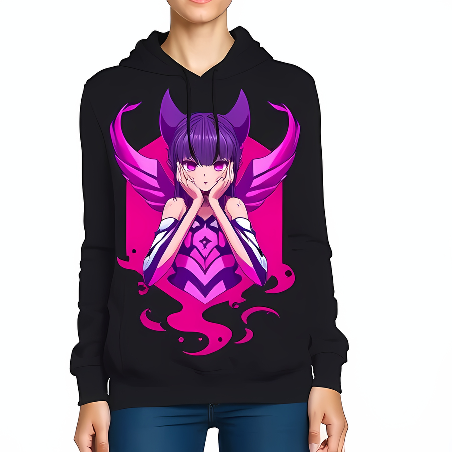 Vibrant 3D Anime Girl Hoodie with Purple Hair & Wings Soft Black ...