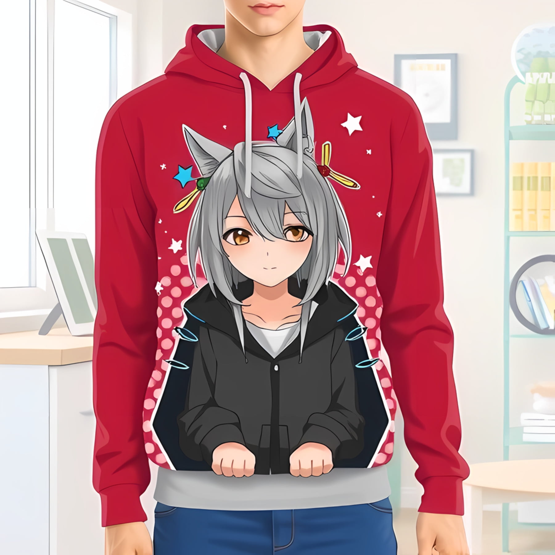 Vibrant 3D Anime Girl Hoodie with Silver Hair Playful Polka Dot & Star ...