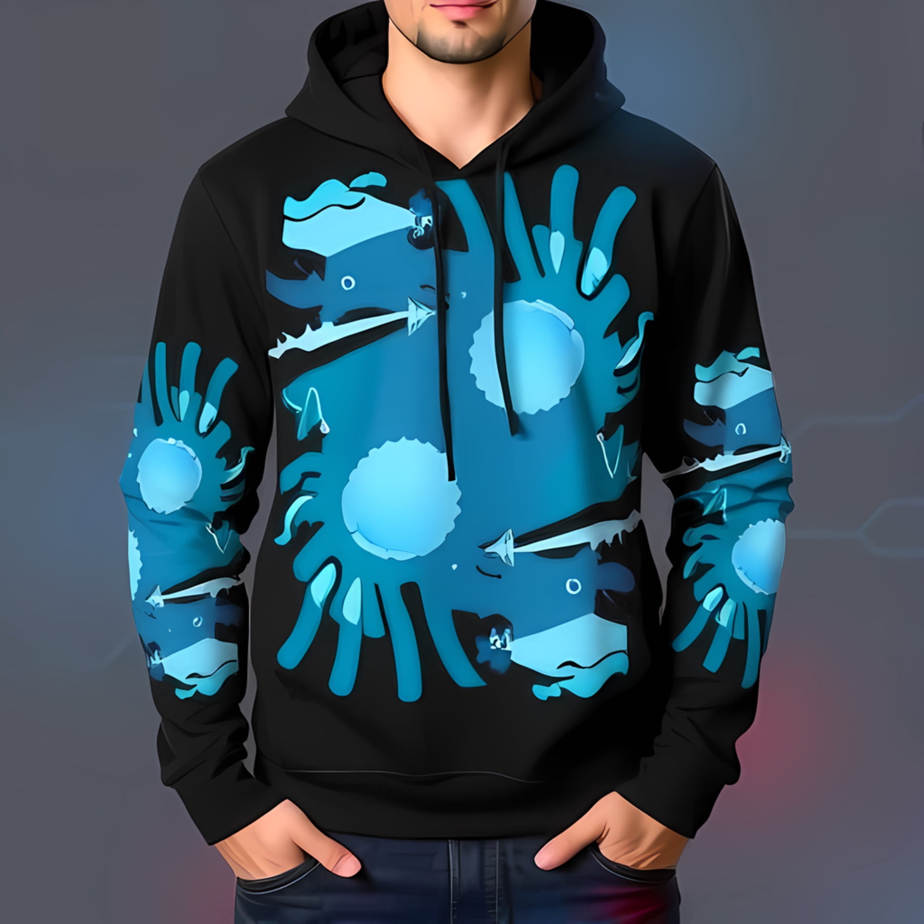 Vibrant 3D Black Hoodie with Abstract Blue Patterns - Unique Circular ...