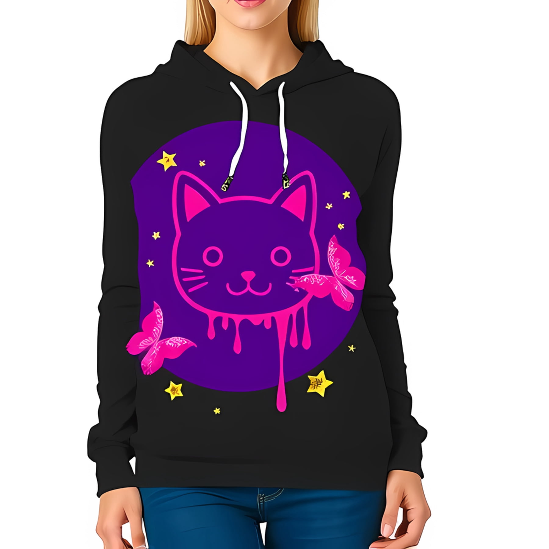 Vibrant 3D Black Hoodie with Pink Dripping Cat Face & Gold Stars ...