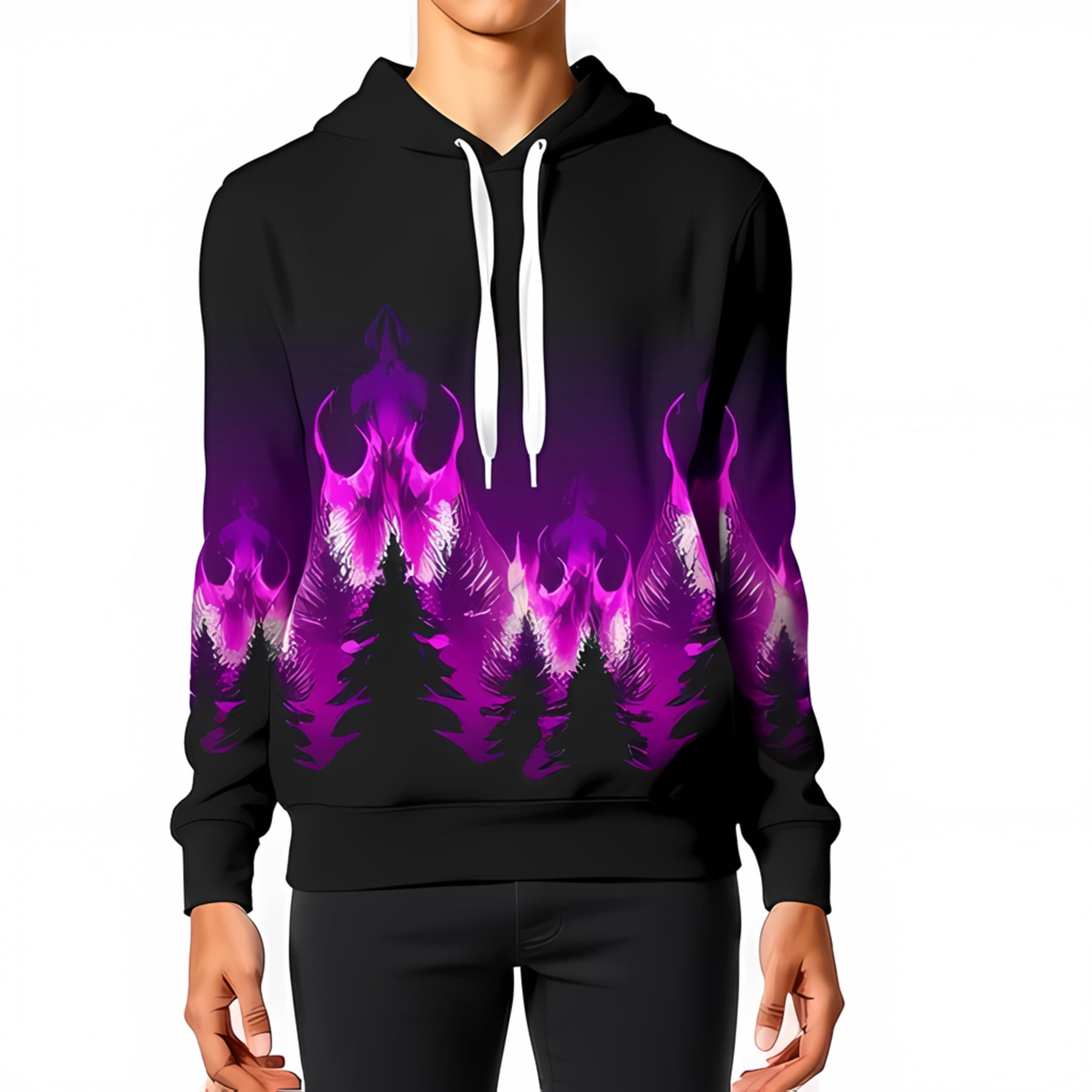 Vibrant 3D Black Hoodie with Purple Flame Gradient & Tree Soft Pullover ...