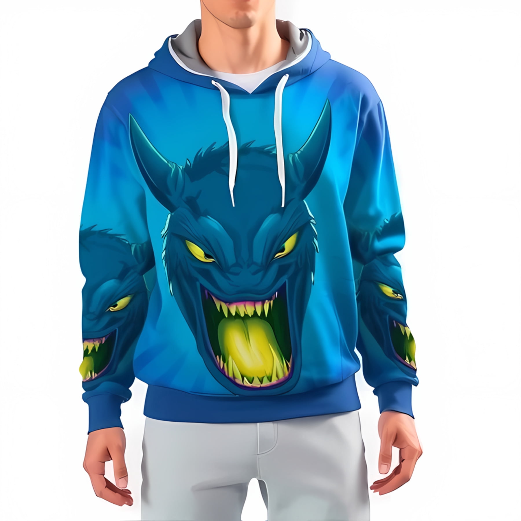 Vibrant 3D Blue Hoodie with Snarling Horned Creature Graphic Unique ...