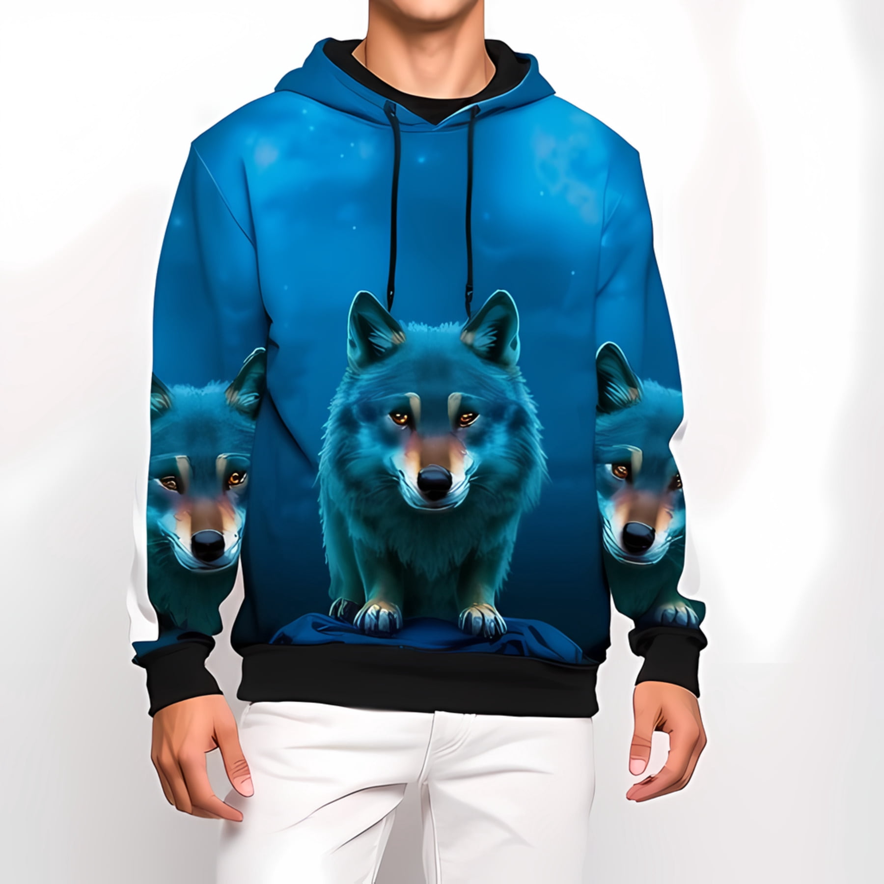 Vibrant 3D Blue Hoodie with Surreal Wolves Design - Ethereal Night Sky ...