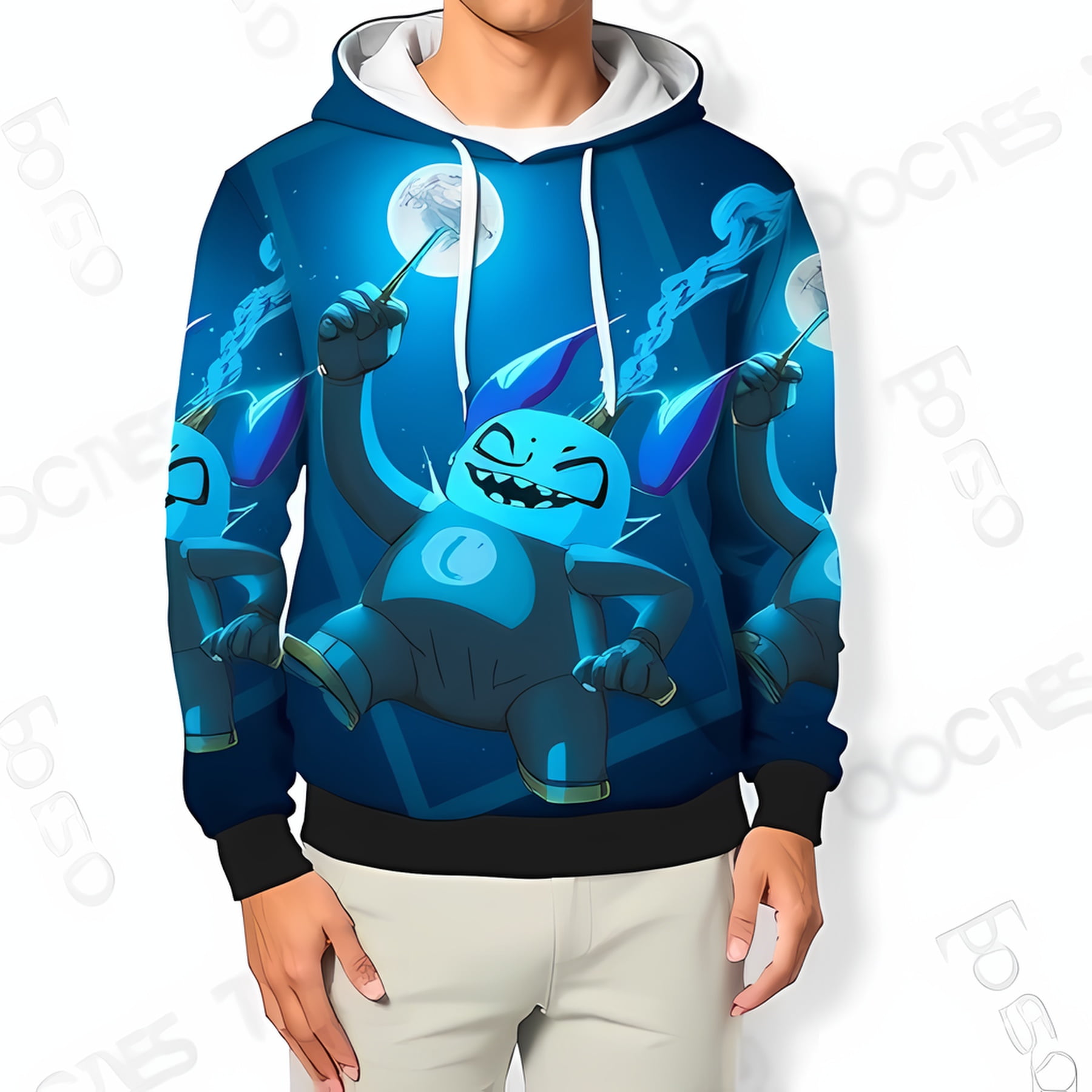 Vibrant 3D Blue Hoodie with Whimsical Cartoon Creature & Print ...