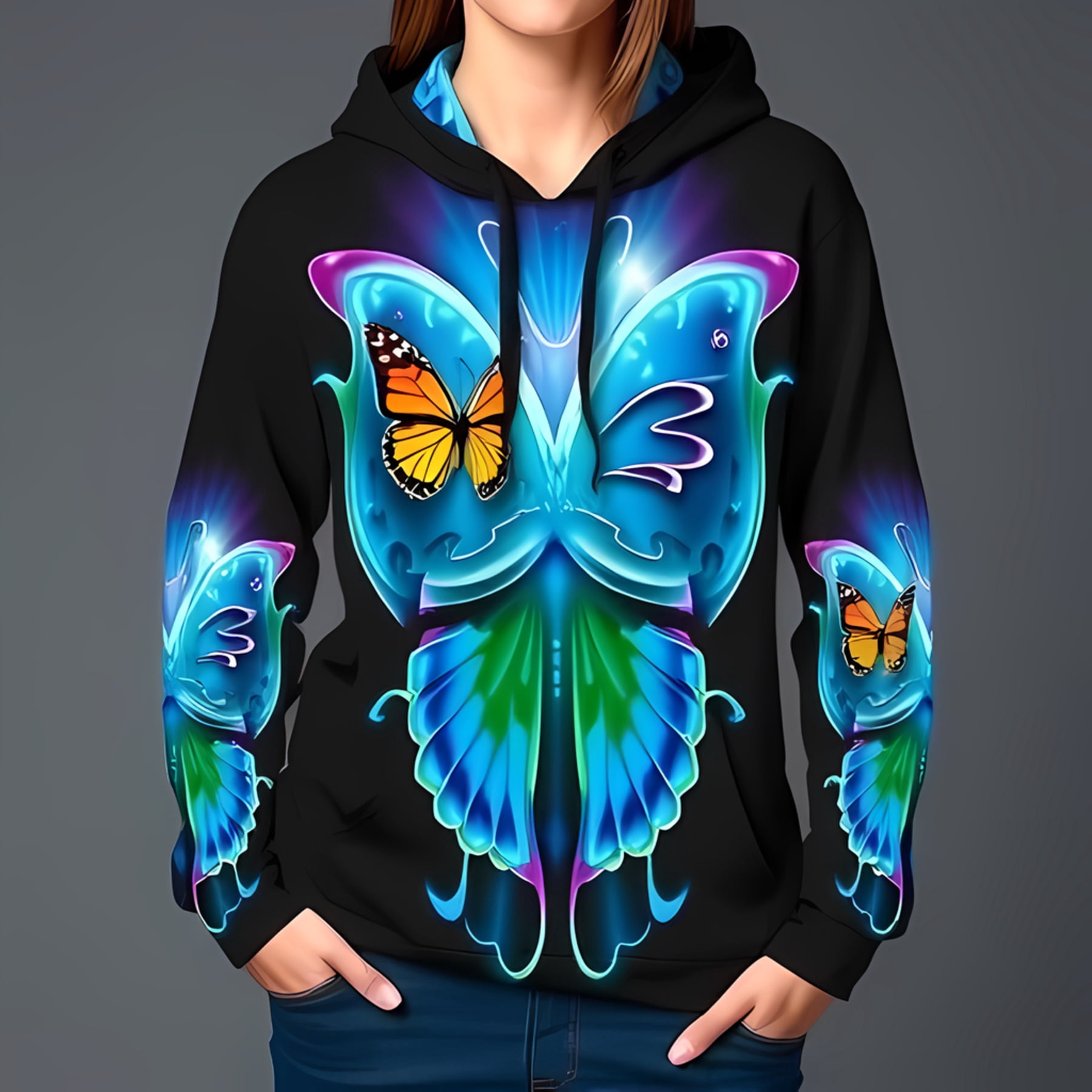 Vibrant 3D Butterfly Hoodie Blue Wings & Monarch Design Eye-Catching ...