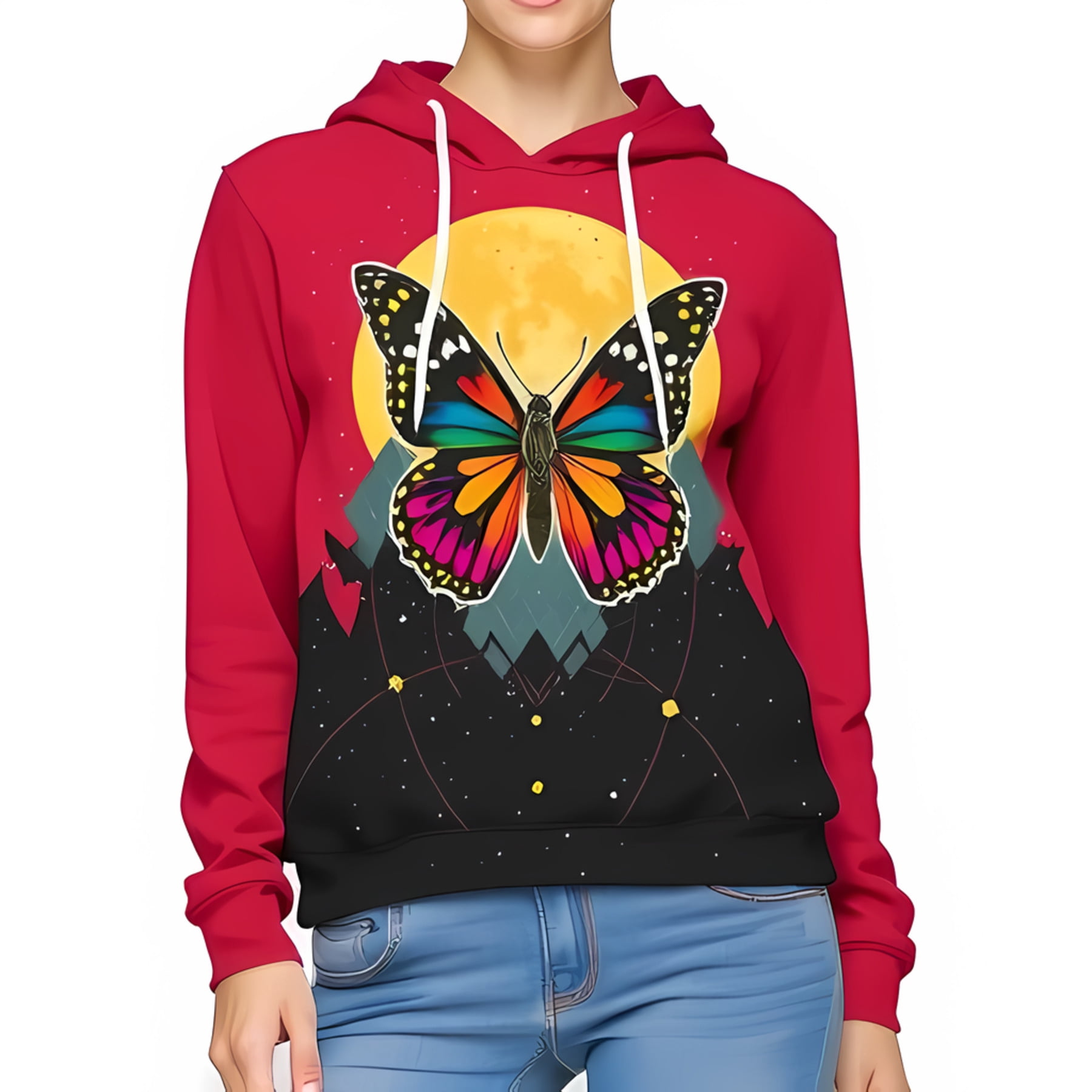 Vibrant 3D Butterfly Hoodie with Moon & Mountain Design - Colors ...