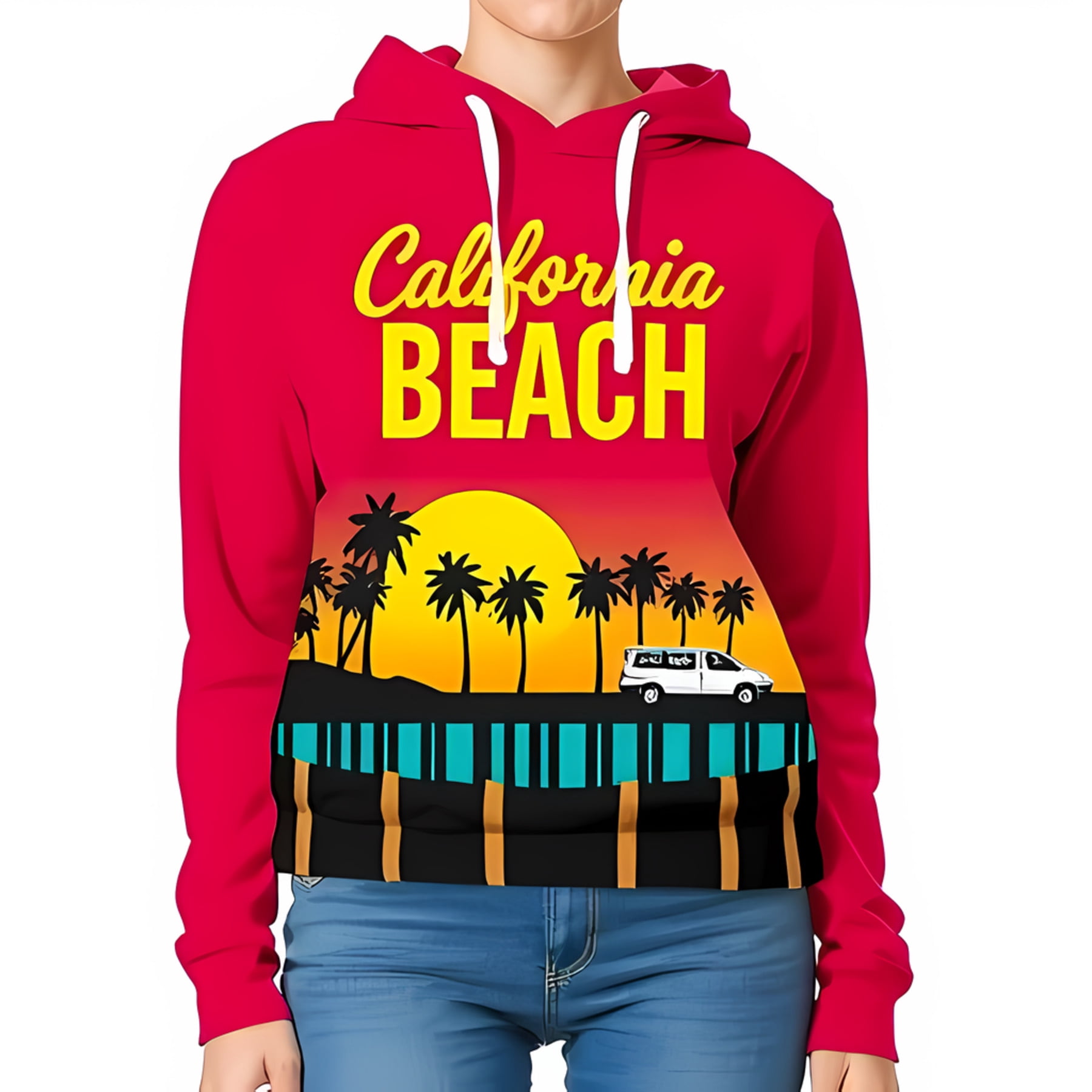 Vibrant 3D California Beach Hoodie with Sunset Graphic Trees & Classic ...