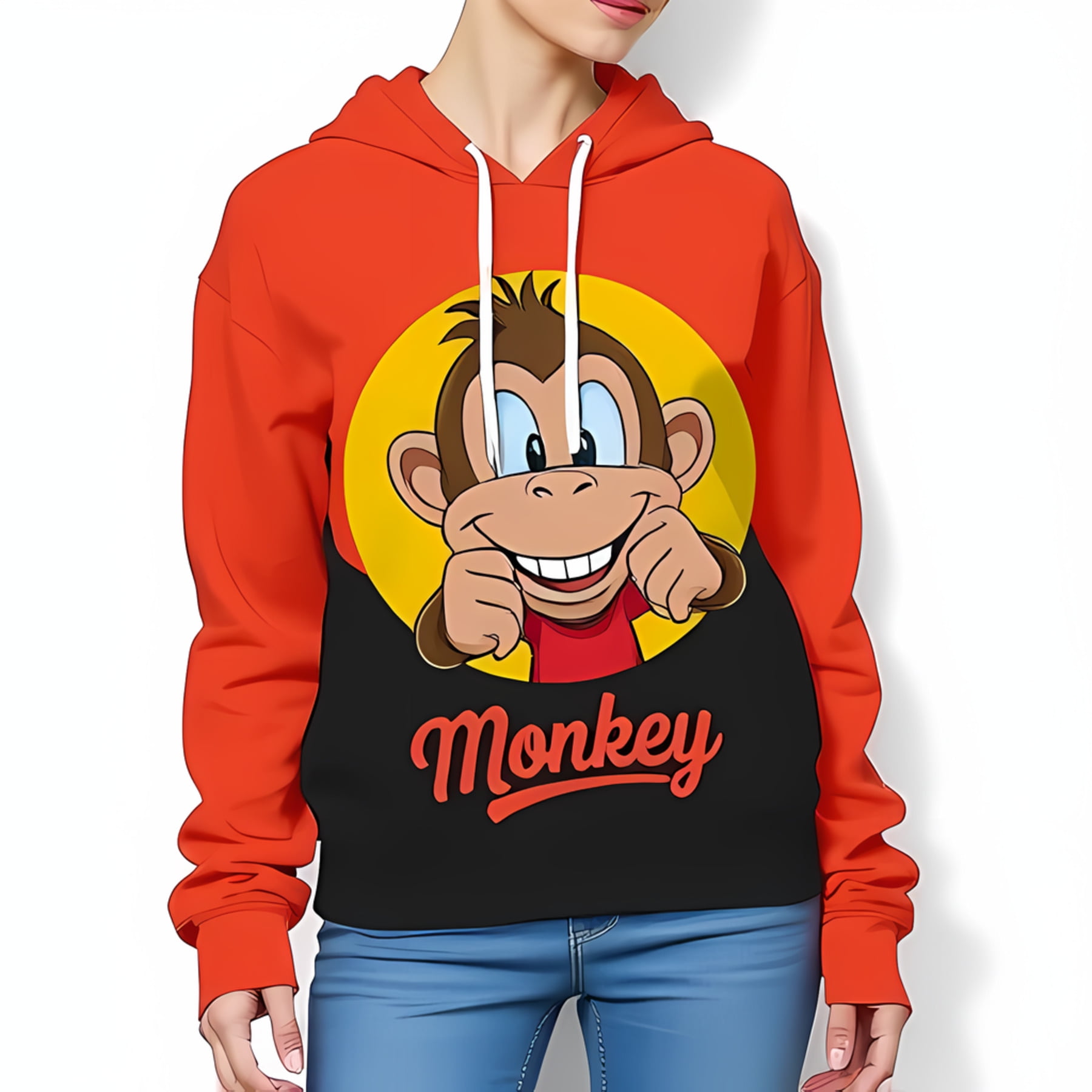 Vibrant 3D Cartoon Monkey Hoodie - Playful Orange & Black Design with Expressive Eyes & Red ...
