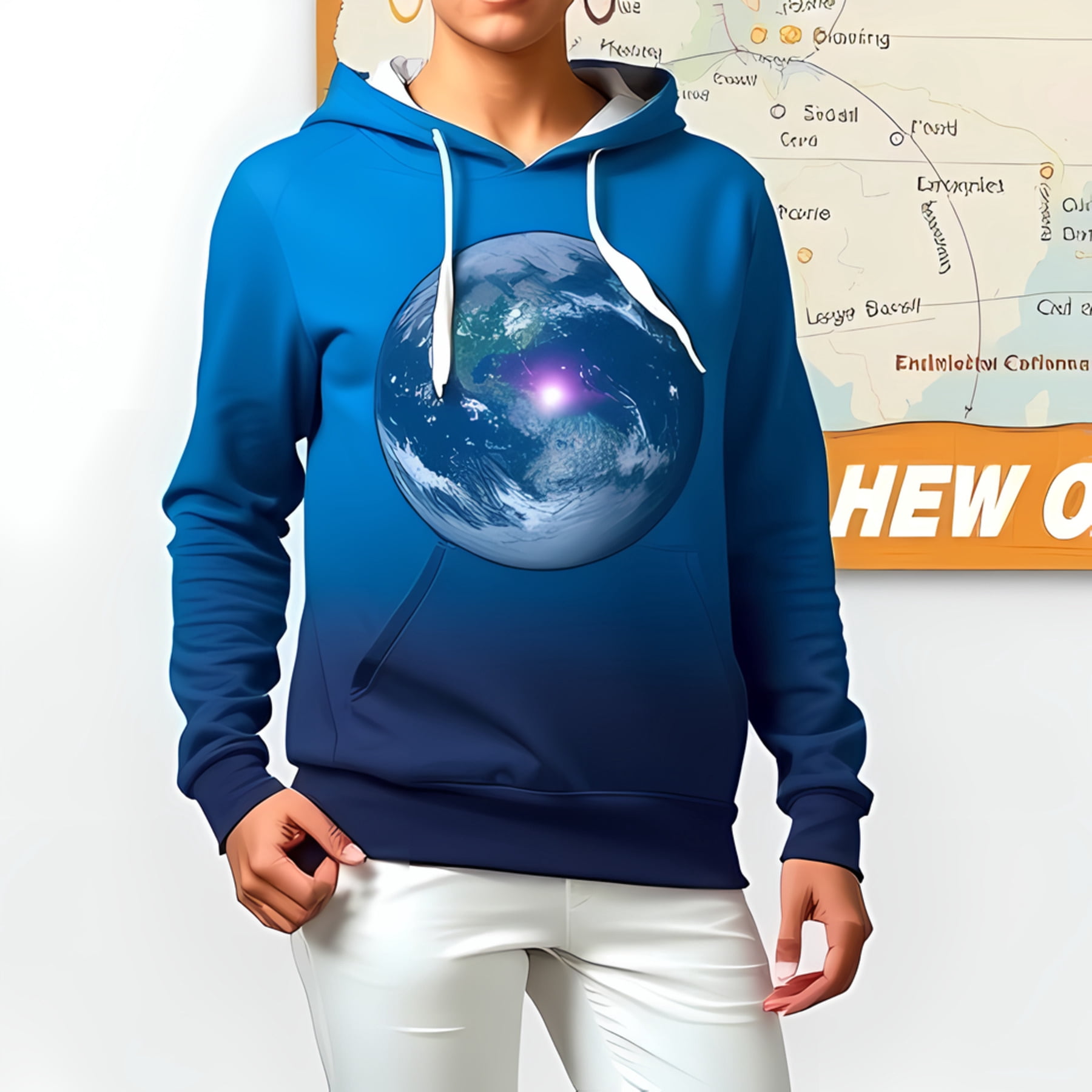 Vibrant 3D Earth Graphic Hoodie with Gradient Blue Design Modern Style ...