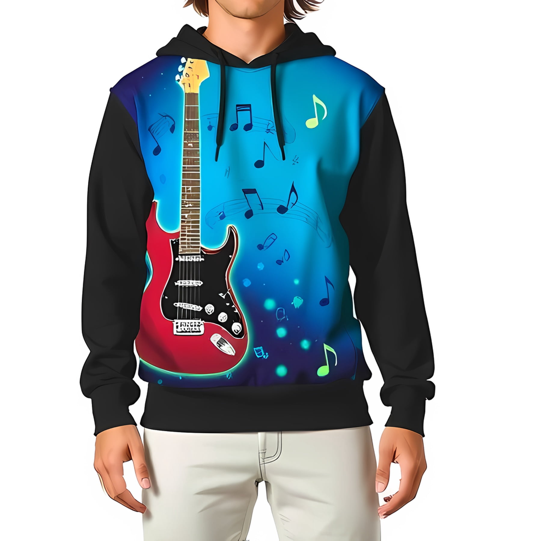 Vibrant 3D Electric Guitar Hoodie - Black Sweatshirt with Musical Notes ...