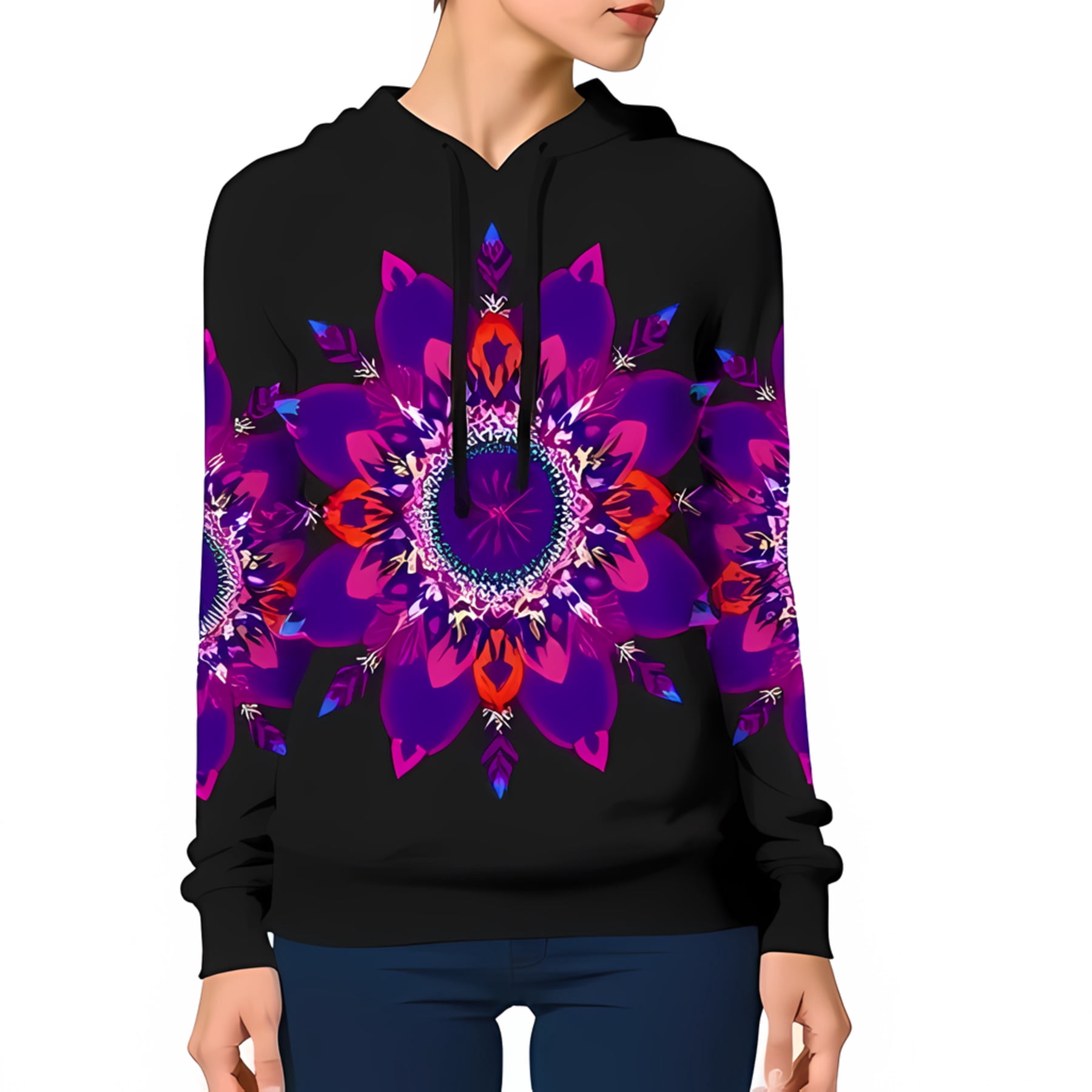 Vibrant 3D Floral Hoodie - Striking Purple & Red Design on Black ...