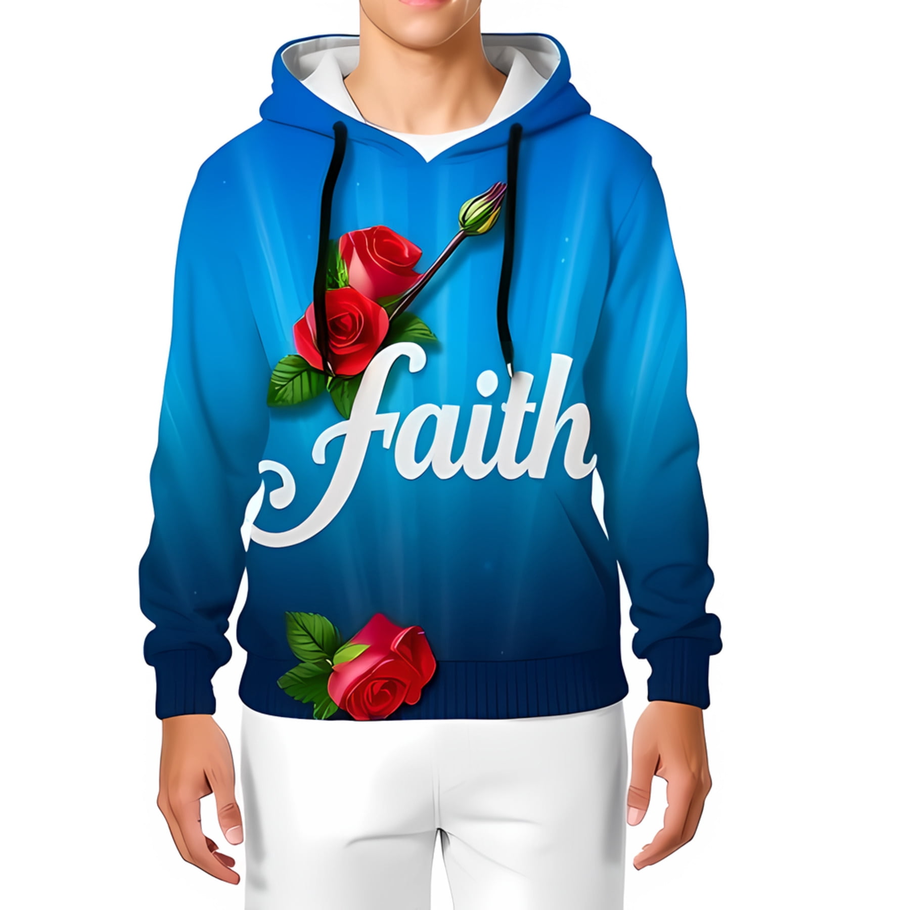 Vibrant 3D Floral Hoodie with Inspirational 'Faith' Script - Bold Blue ...