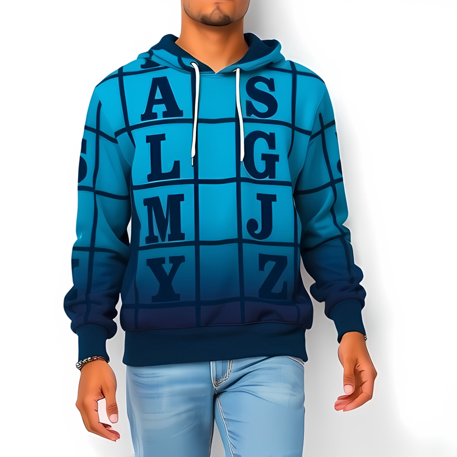 Vibrant 3D Gradient Blue Hoodie with Alphabet Design Casual Light Blue ...