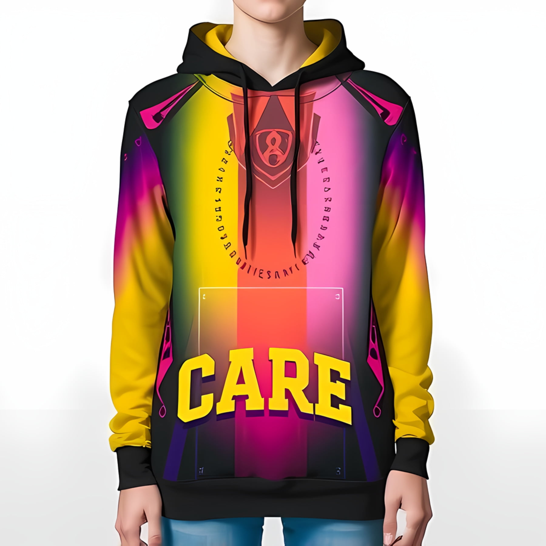 Vibrant 3D Gradient Hoodie with Bold 'CARE' Design Mysterious Black ...
