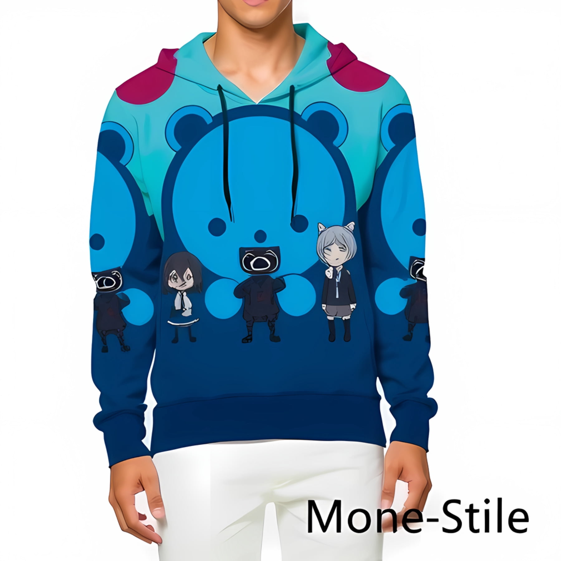 Vibrant 3D Graphic Hoodie with Cartoon Bears & Anime Characters - Teal ...