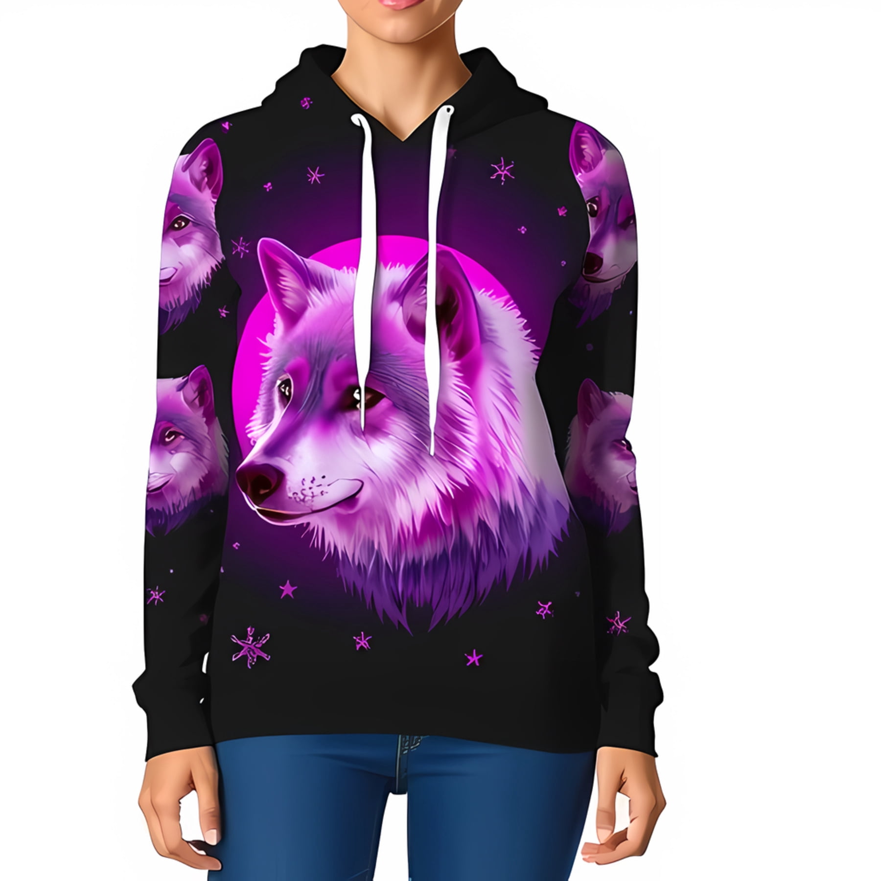 Vibrant 3D Head Hoodie for Women - Soft Black Pullover with Moonlit ...