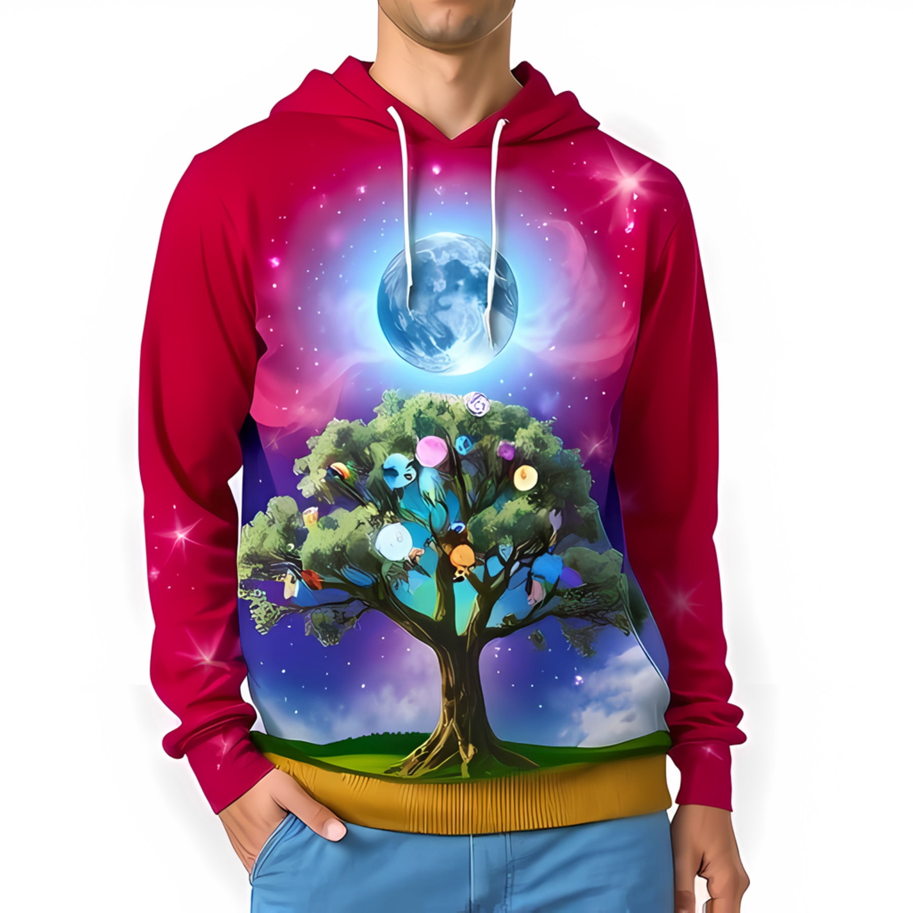 Vibrant 3D Hoodie - Night Sky Design with Glowing Orbs & Blue Planet ...