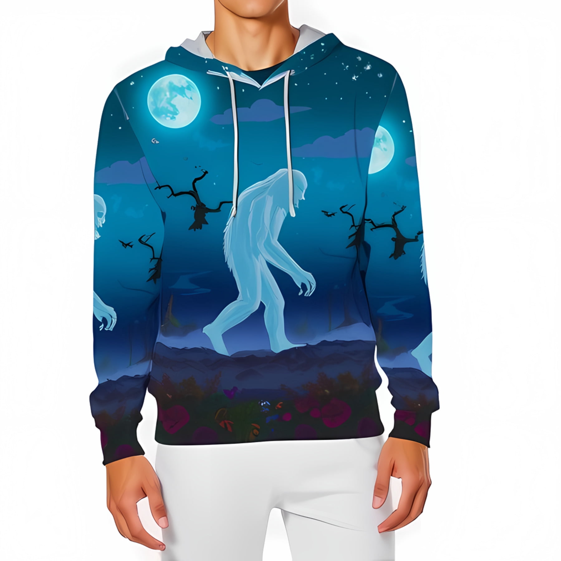 Vibrant 3D Hoodie with Full Moon & Sasquatch Graphic - Spooky Night ...